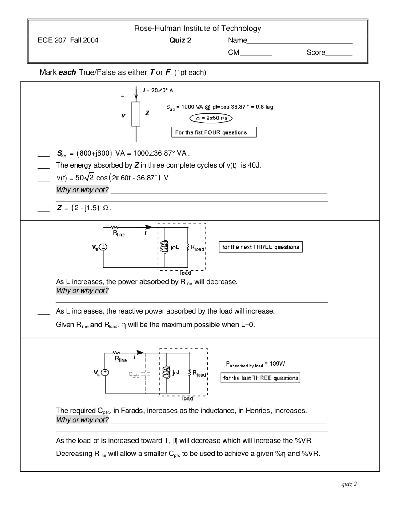 Quiz 2 Problems Elements Of Electrical Engineering Ii Ece 207 Docsity