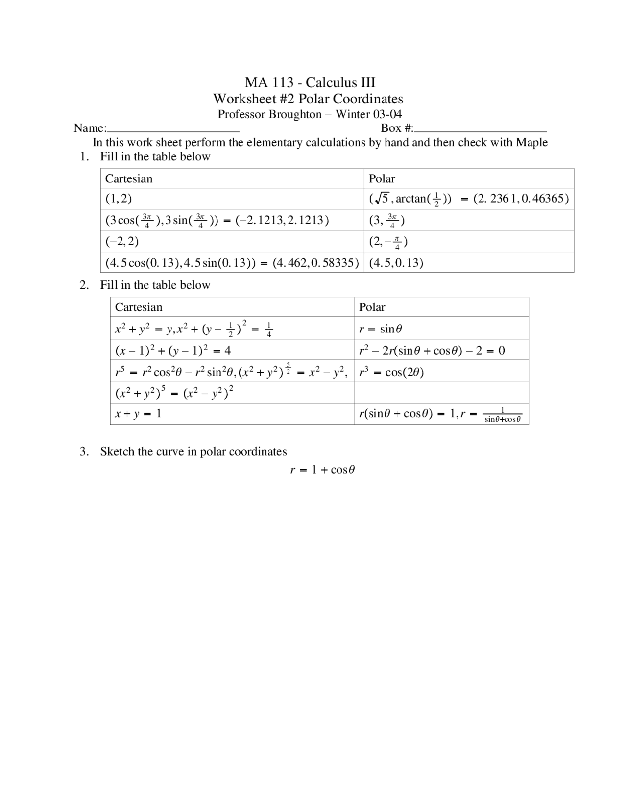 Worksheet of Polar Coordinates - Calculus III | MA 113 - Docsity