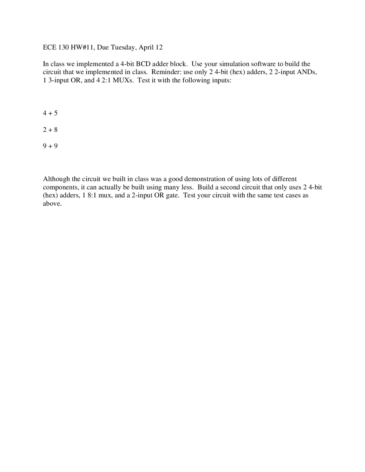 Introduction to Logic Design - Homework 11 | ECE 130 - Docsity