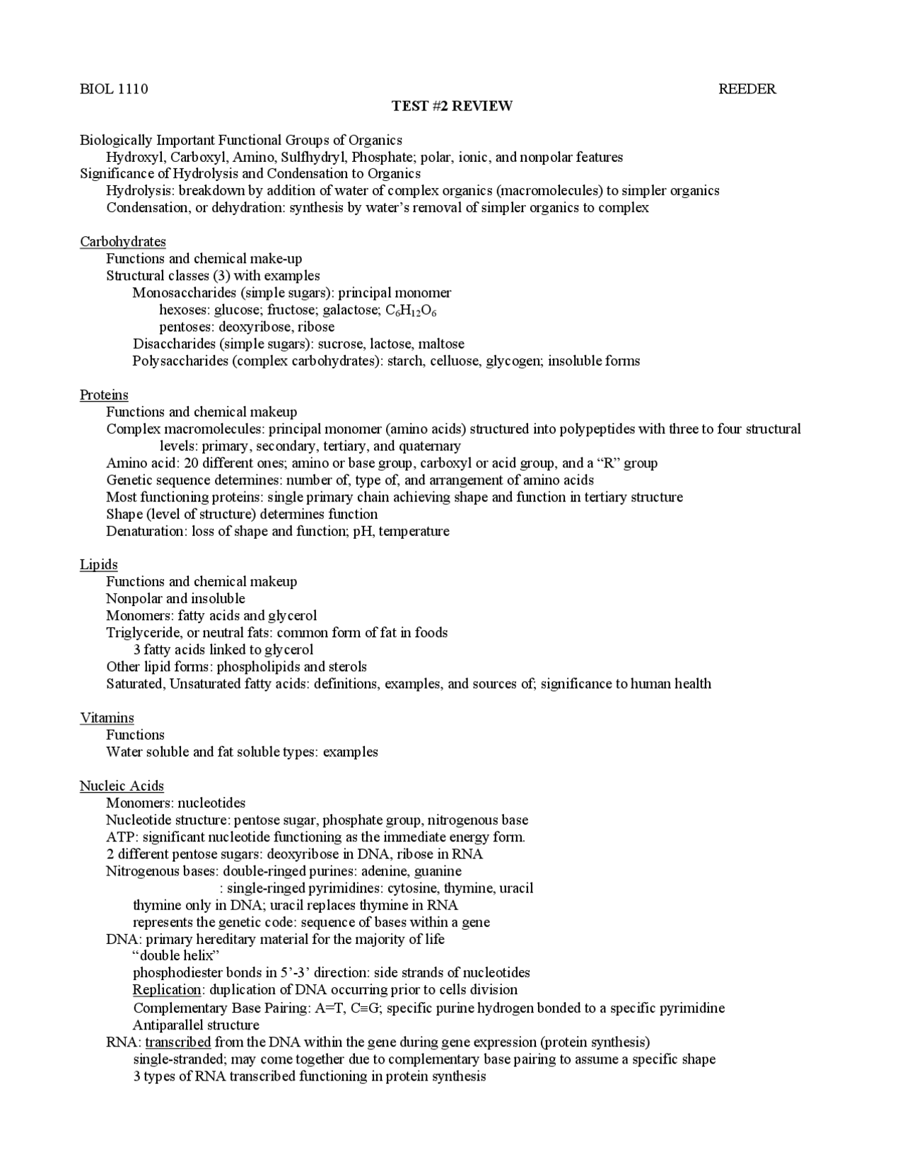 Test 2 Review Sheet - General Biology I and Lab | BIOL 1110 - Docsity
