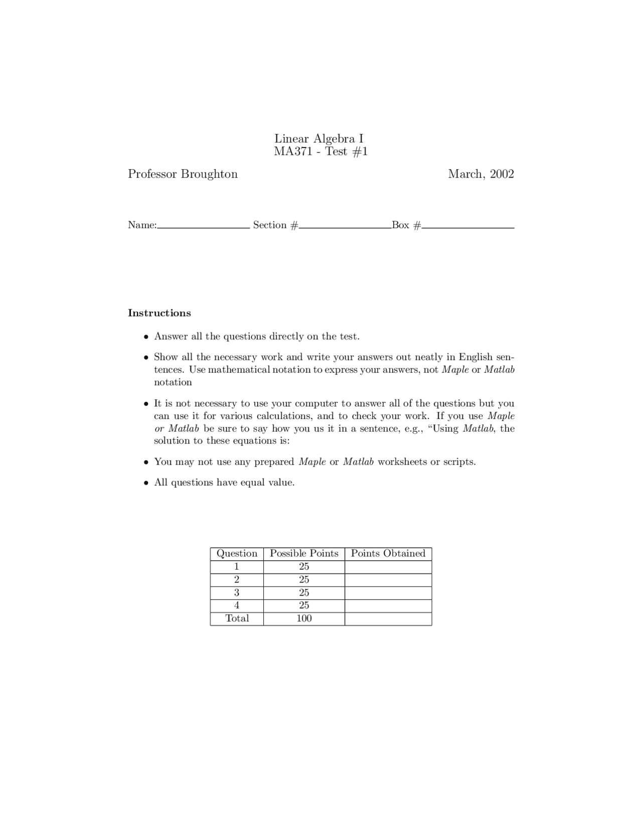Practice Exam 1 Linear Algebra I Ma 371 Docsity