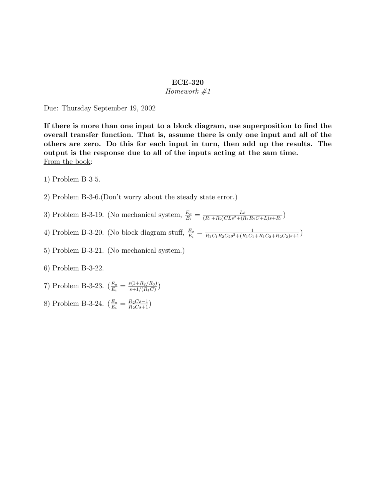 Homework 1 For Linear Control Systems Ece 320 Docsity