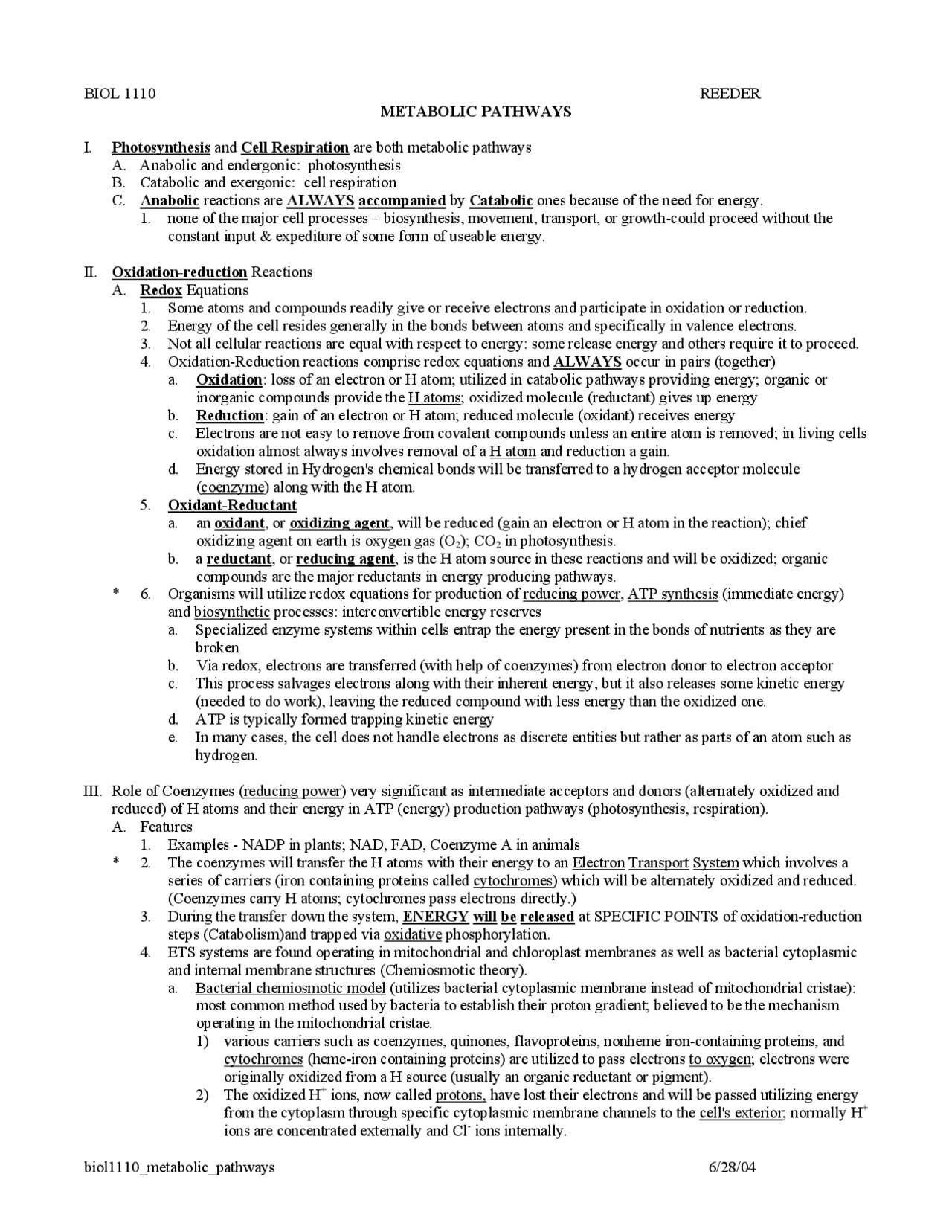 Metabolic Pathways - Lecture Notes | BIOL 1110 | Study notes Biology ...