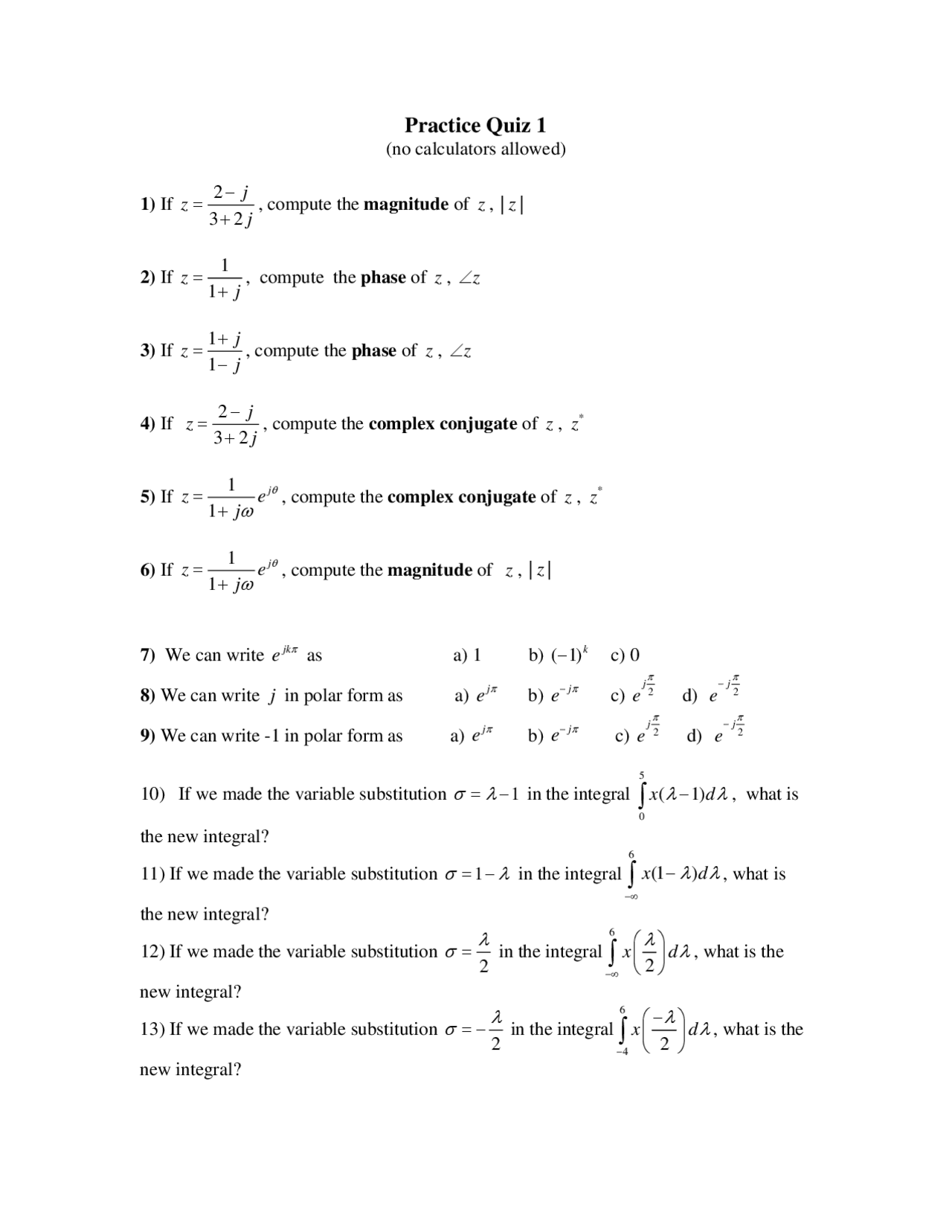 Practice Quiz I Continuous Time Signals And Systems Ece 300 Docsity