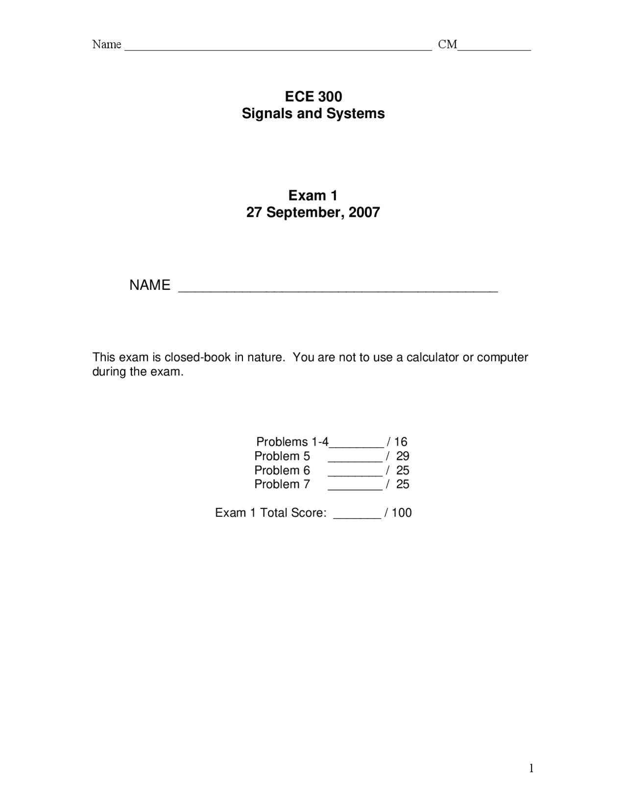 Practice Examination 1 Continuous Time Signals And Systems Ece 300