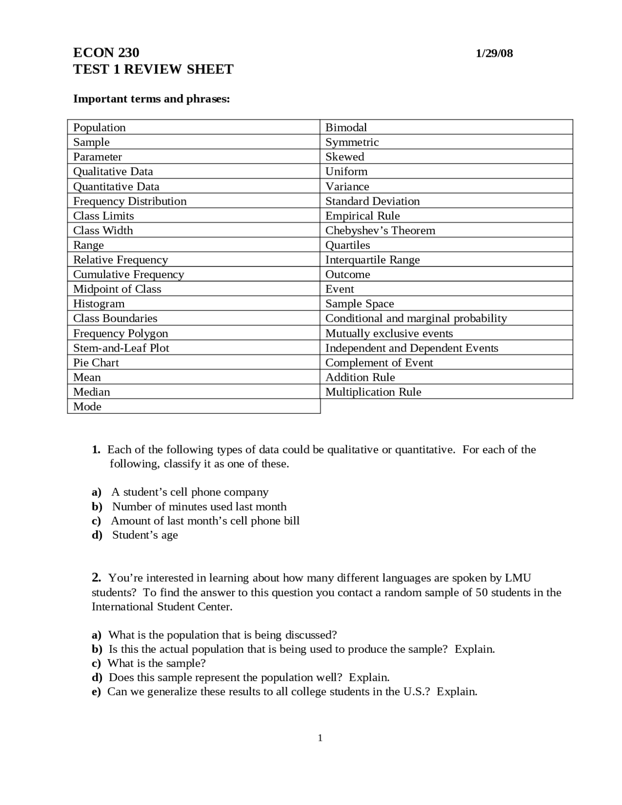 Test 1 Review Sheet with Answer Key - Introduction to Statistics | ECON ...