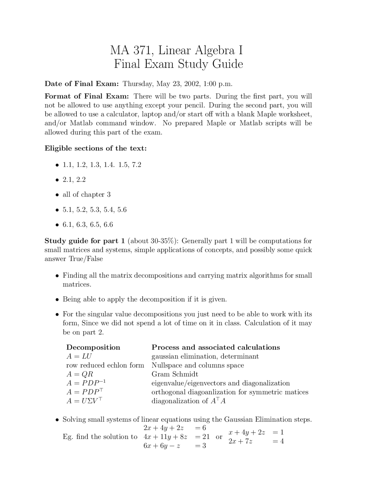 Final Exam Study Guide- Linear Algebra I | MA 371 - Docsity