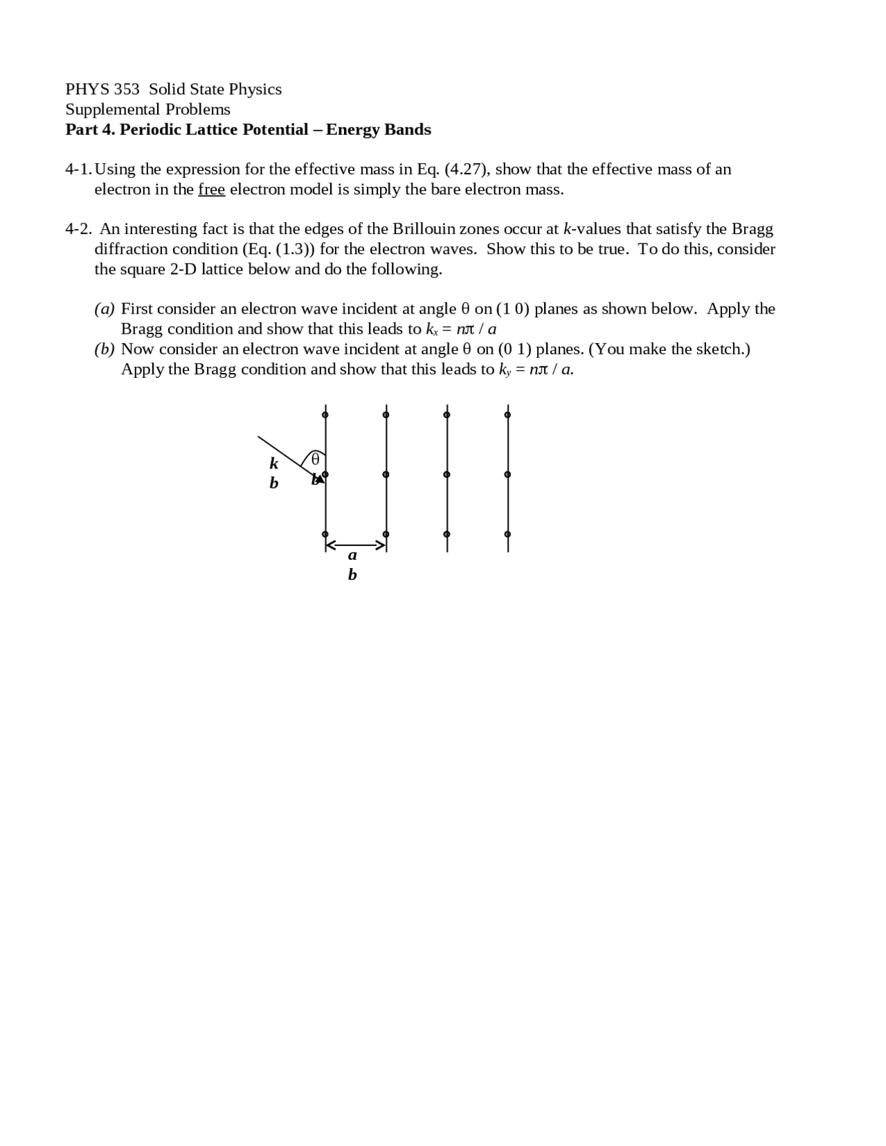 Periodic Lattice Potential: Energy Bands - Supplemental Problems | PHYS 353 - Docsity
