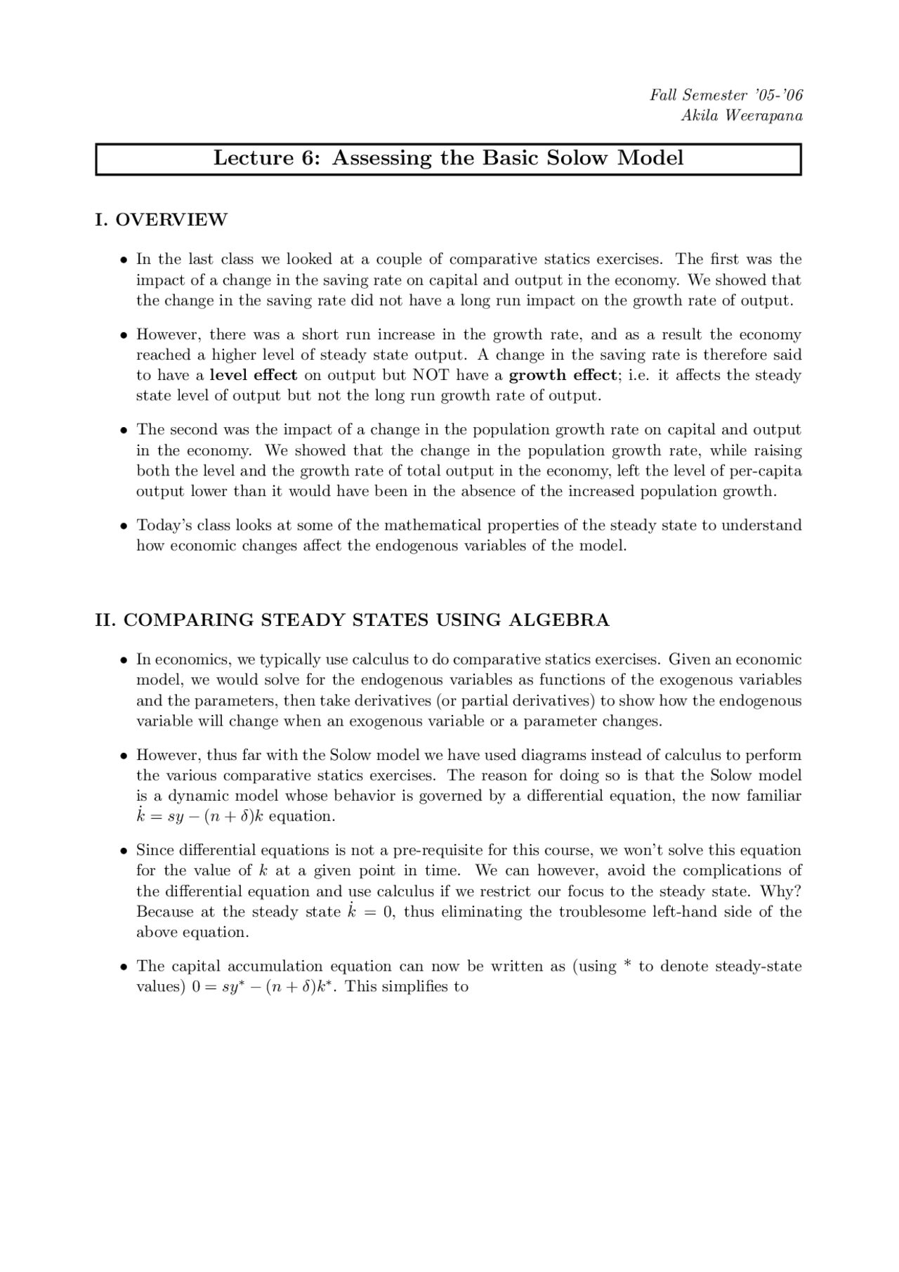 Lecture 6 Accessing The Basic Solow Model Econ 202 Docsity