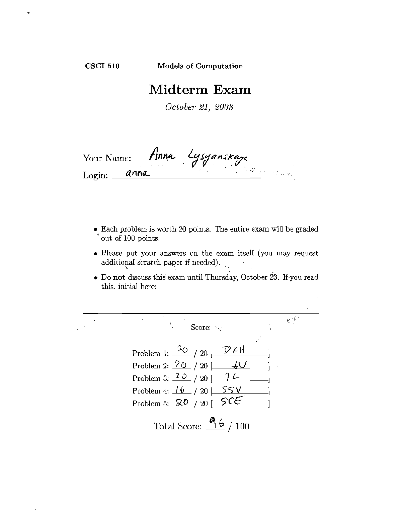 Midterm Exam With Answer Key Models Of Computation Csci 0510 Docsity