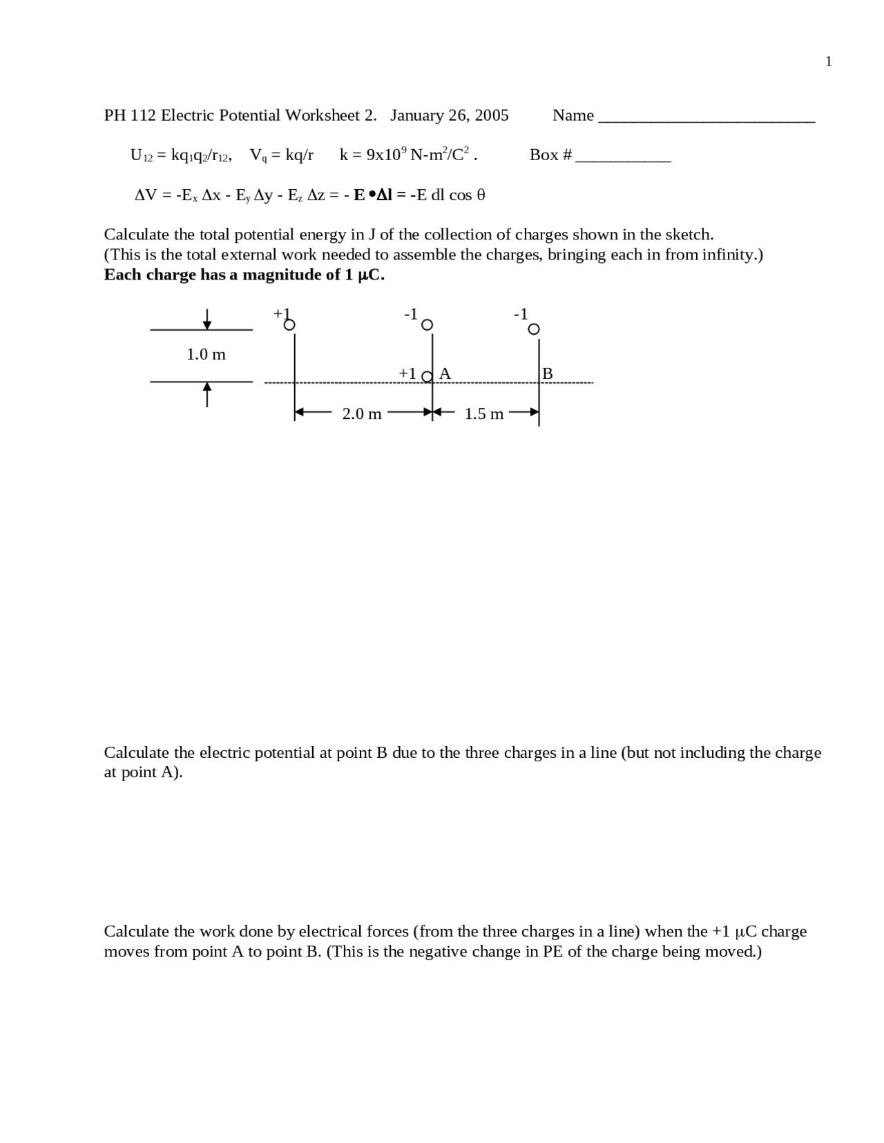 Physics II - Electric Potential Worksheet 2 | PH 112 - Docsity