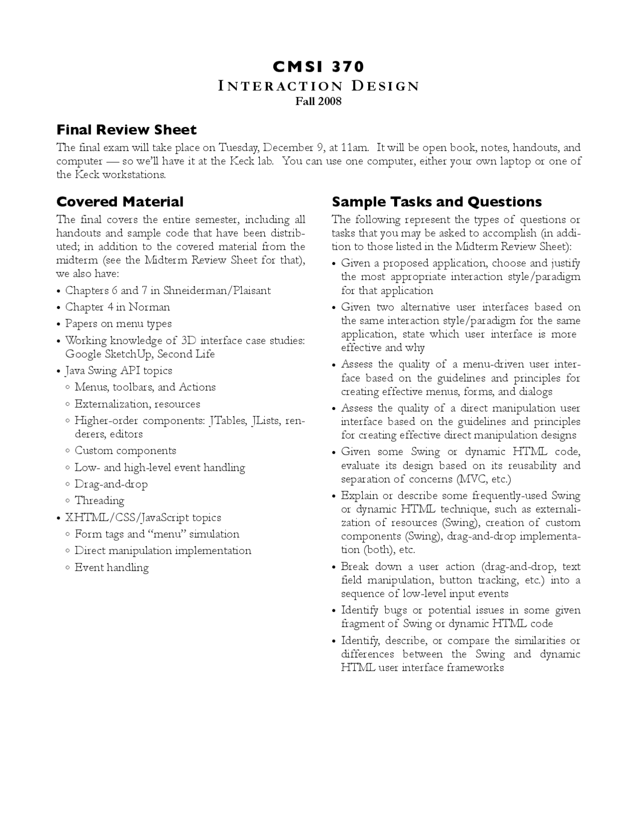 Interaction Design Review Sheet For Final Exam Cmsi 370 Docsity