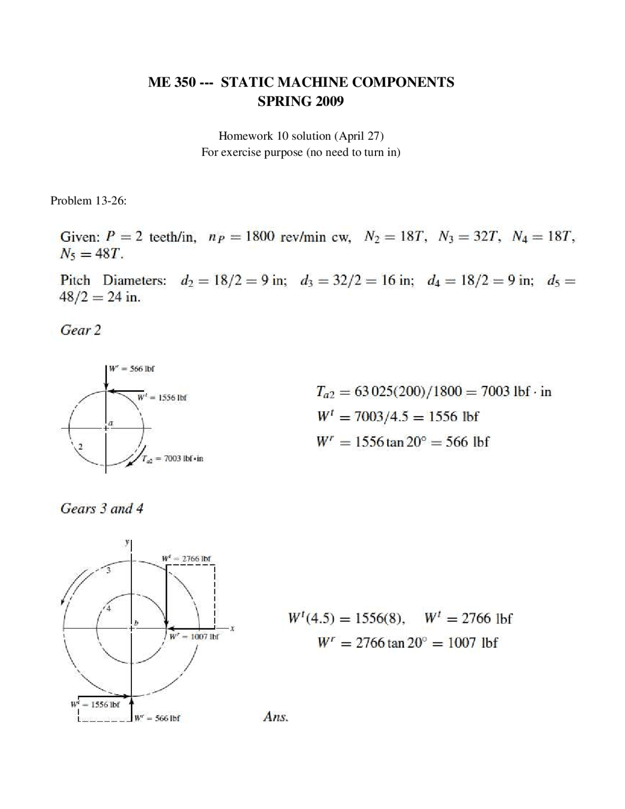 Resolution Of Homework 10 On Static Machine Components Me 350 Docsity