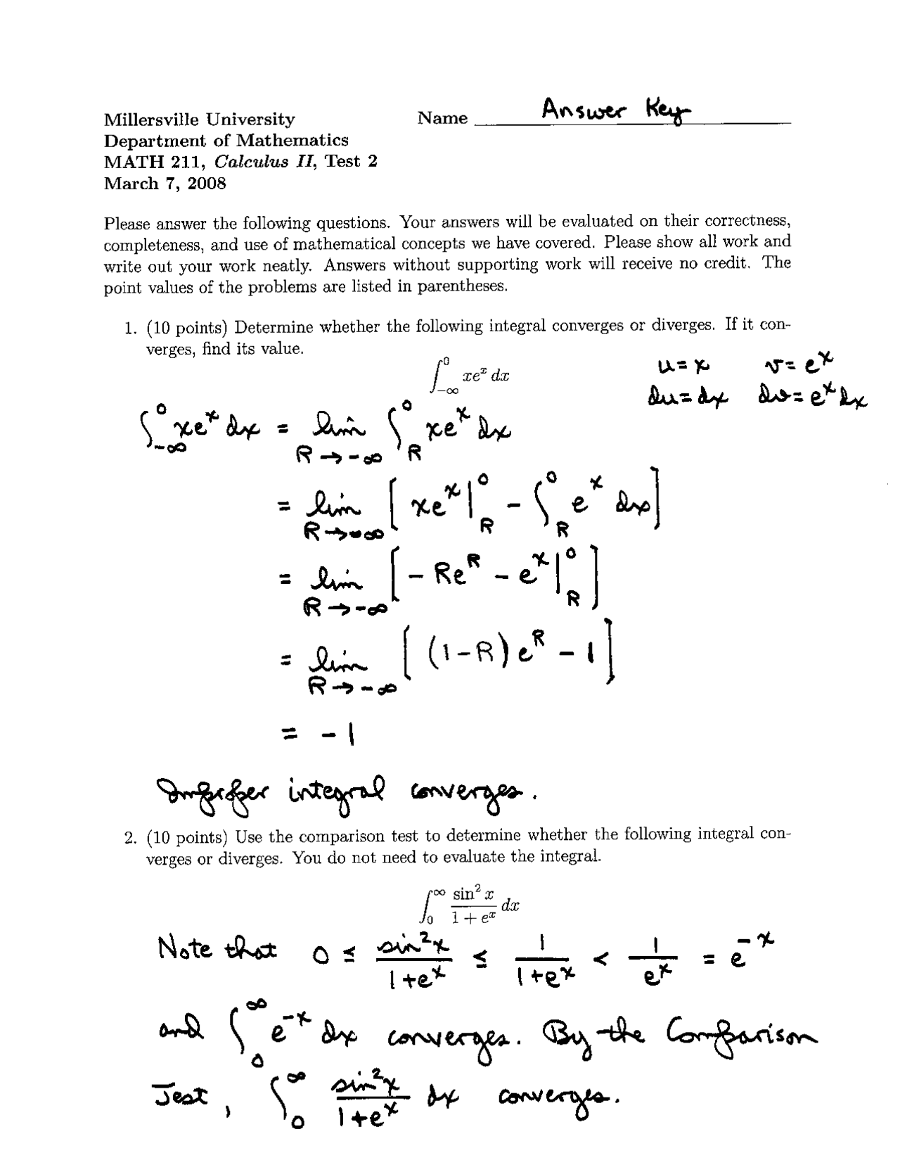 Practice Test 2 with Answers - Calculus II | MATH 211 - Docsity