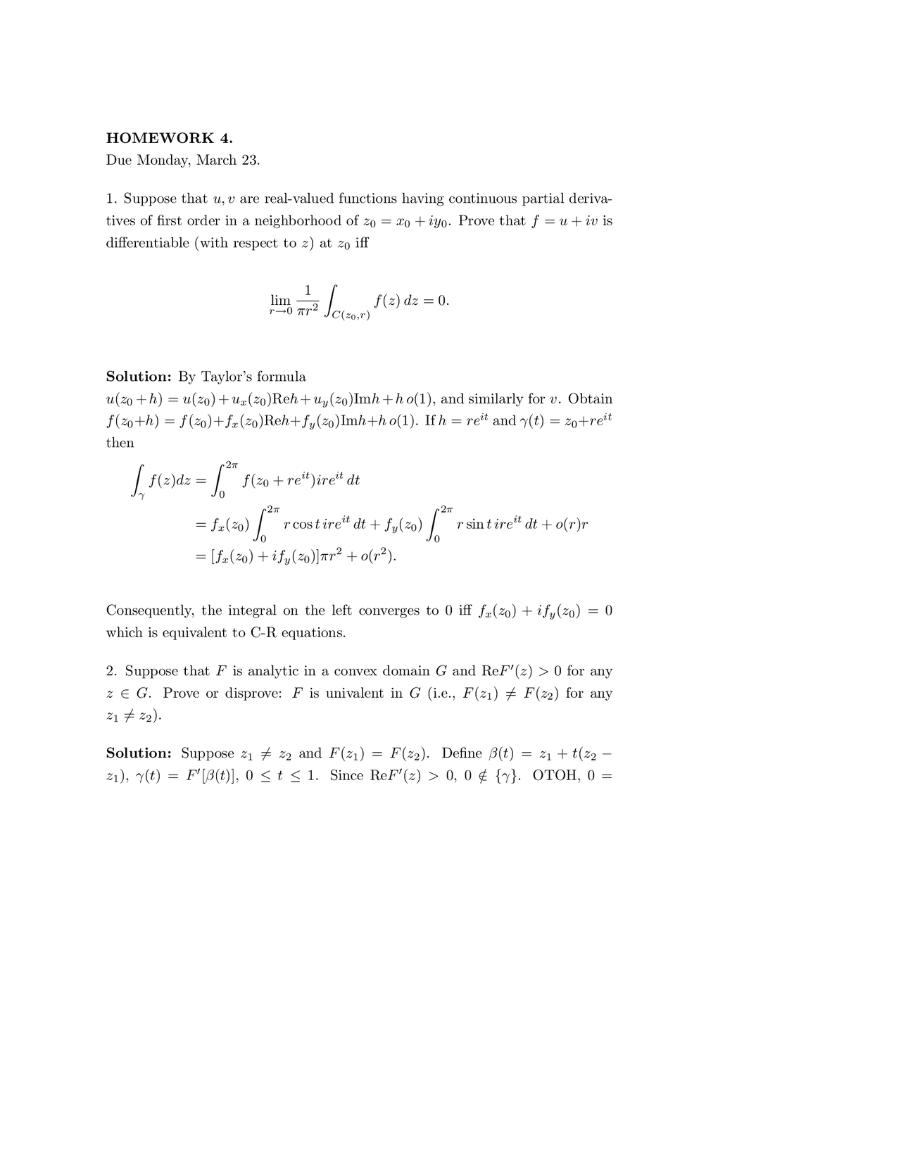 Homework 4 With Solution Complex Analysis Math 6760 Docsity