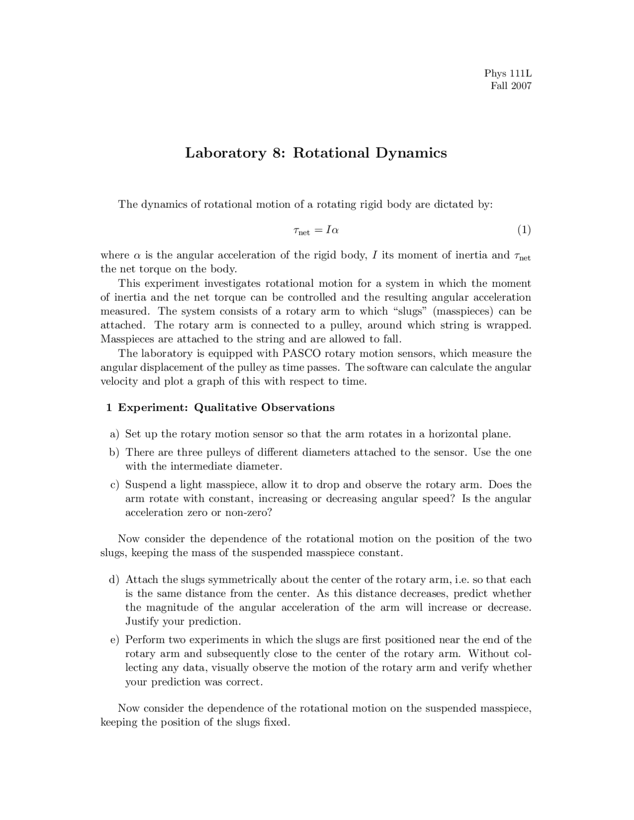 Rotational Dynamics General Physics Fall Lab 8 Phys 111 Docsity