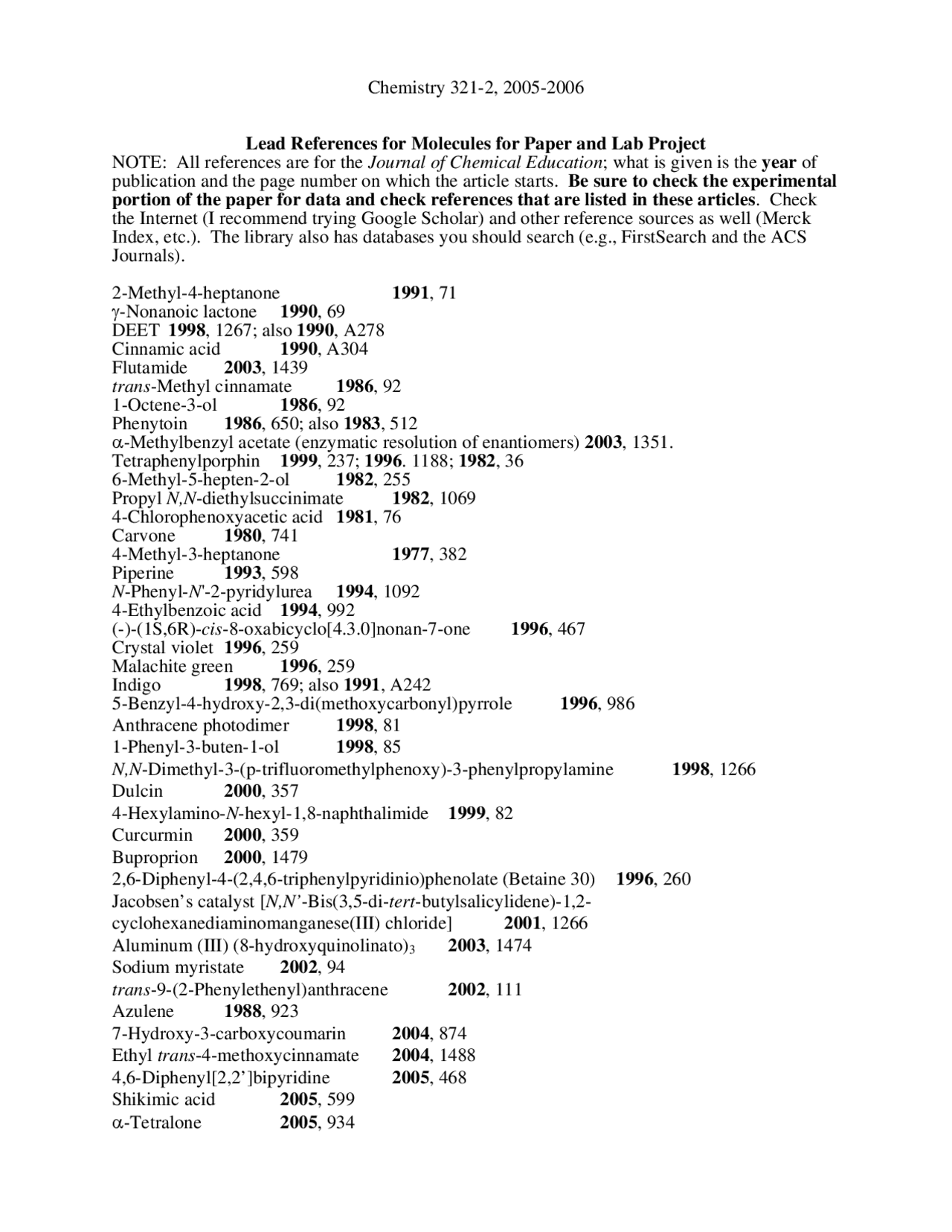 Lead Reference for Molecules for Lab Project - Organic Chemistry | CHEM ...