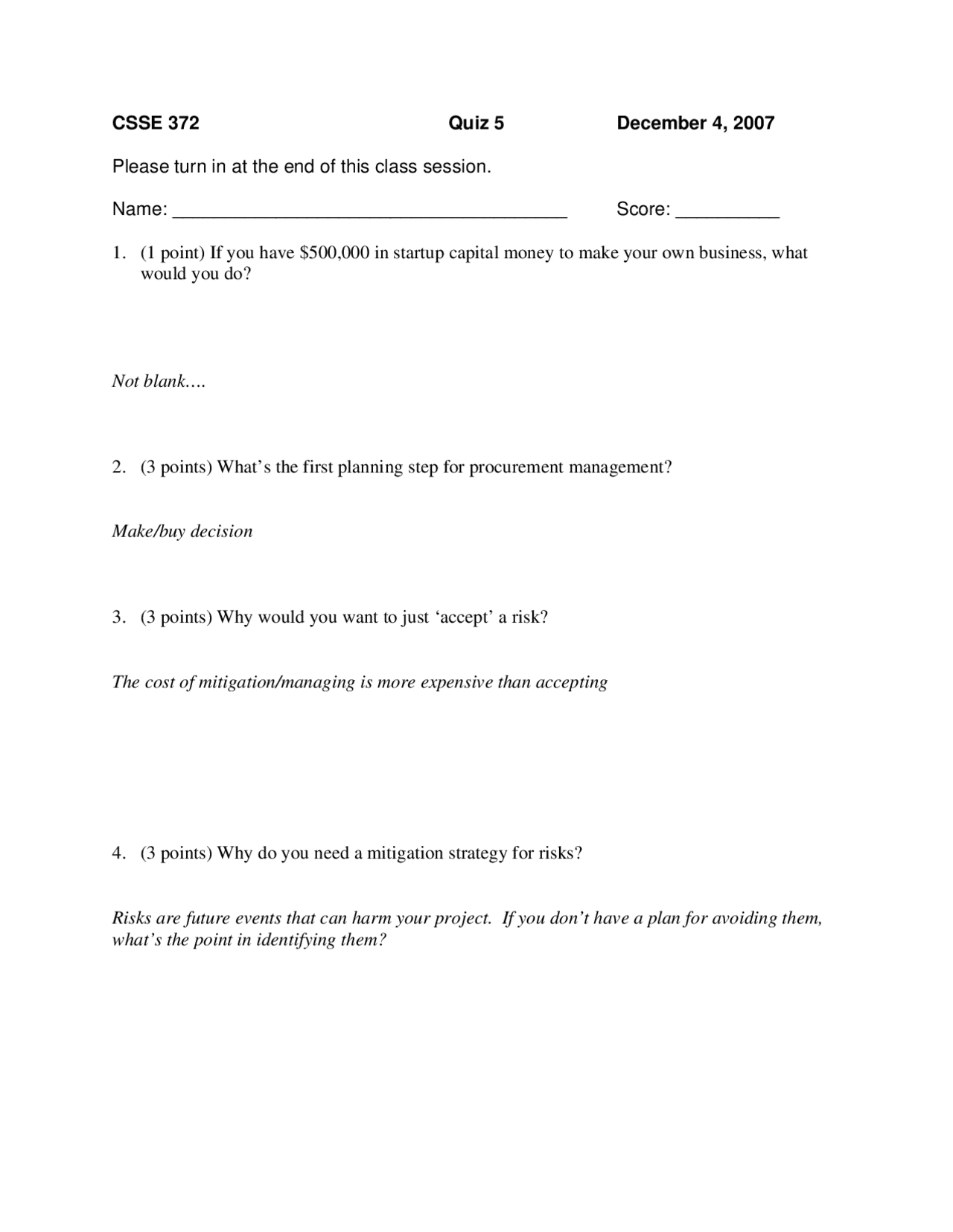 Business Planning Quiz 5 With Solution Csse 372 Docsity