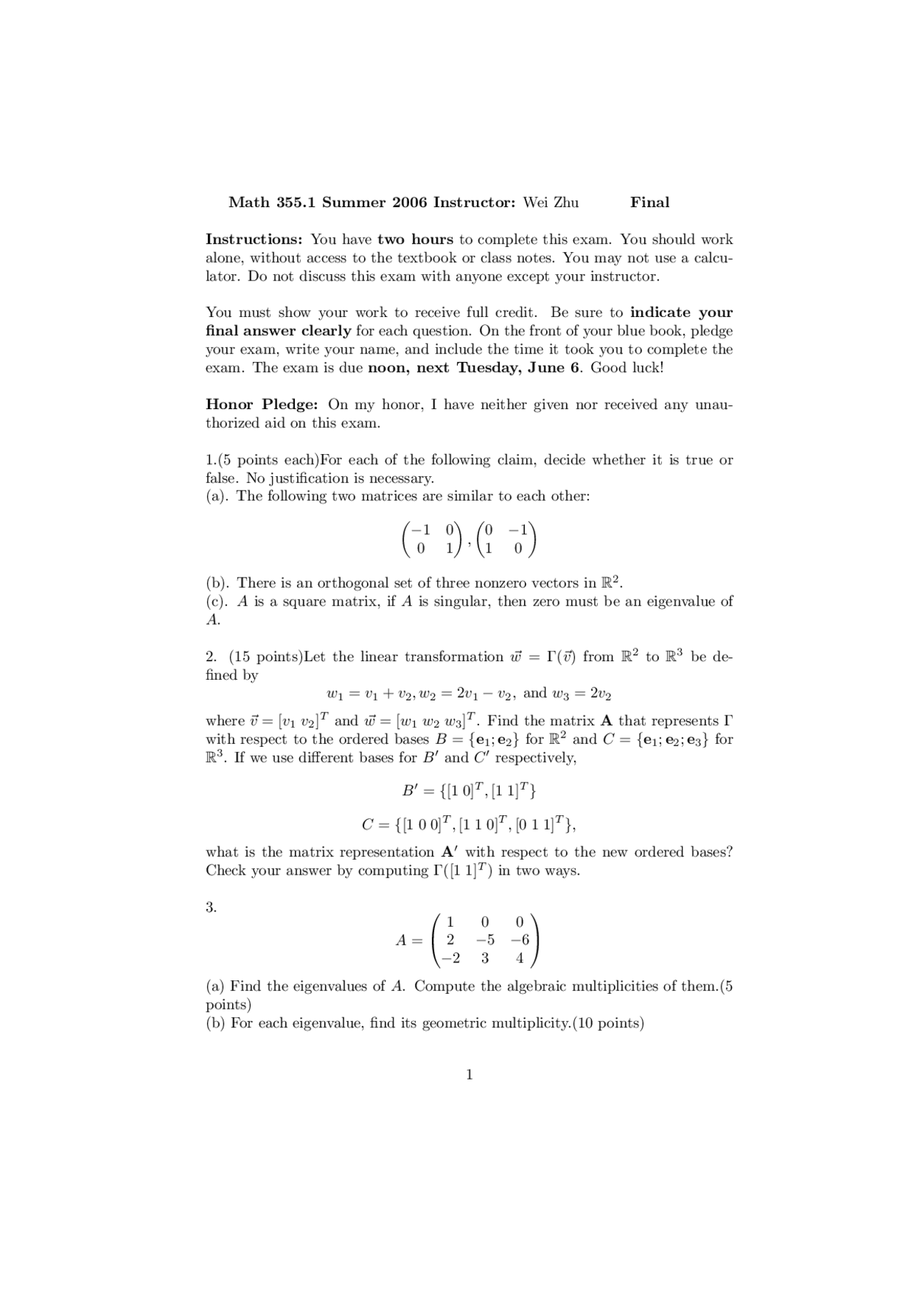 Practice Final Exam Linear Algebra Math 355 Exams Linear Algebra
