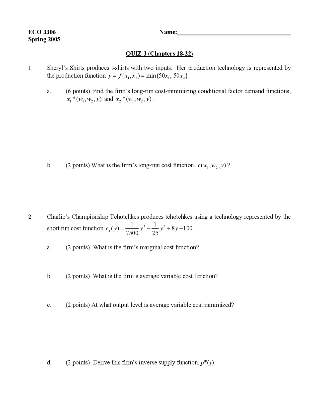 Quiz 3 Questions Intermediate Microeconomic Analysis Eco 3306 Docsity