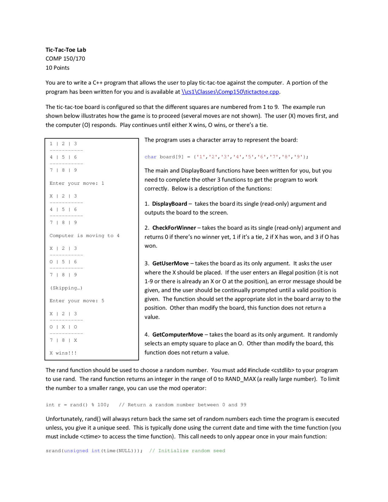 Tic-Tac-Toe Laboratory - Programming I | COMP 150 - Docsity