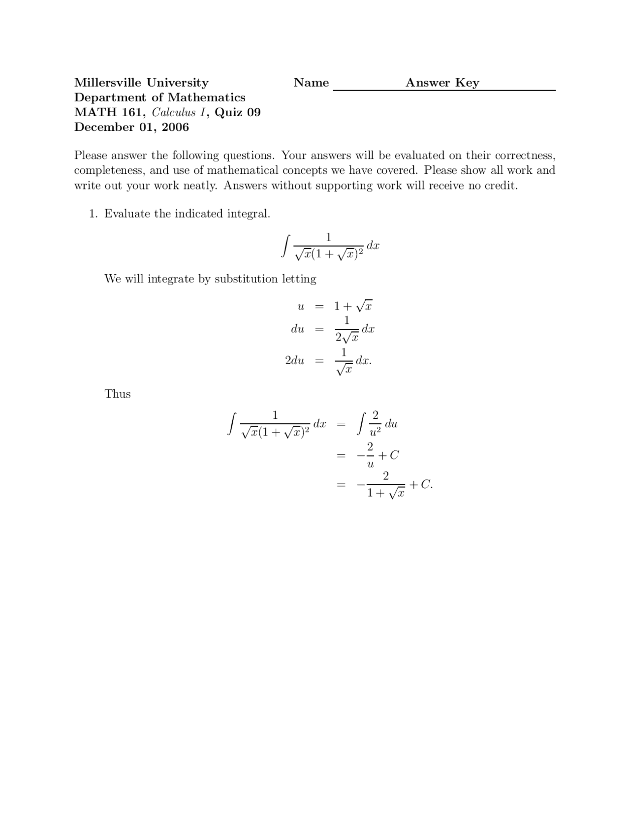 Calculus 1 - Sample Quiz 9 with Answer Key | MATH 161 - Docsity