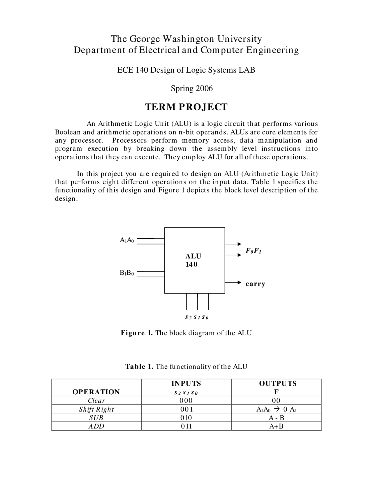 Design Of Logic Systems Laboratory Term Project Ece 140 Docsity