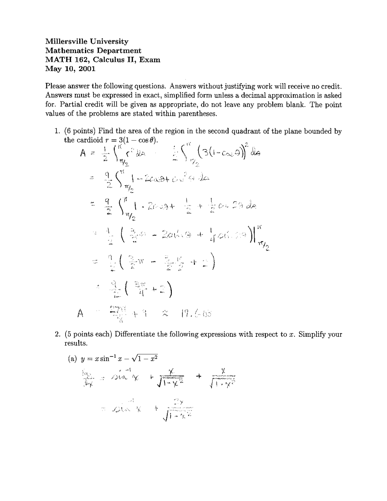 Practice Problems for Exam with Answers - Calculus II | MATH 211 - Docsity