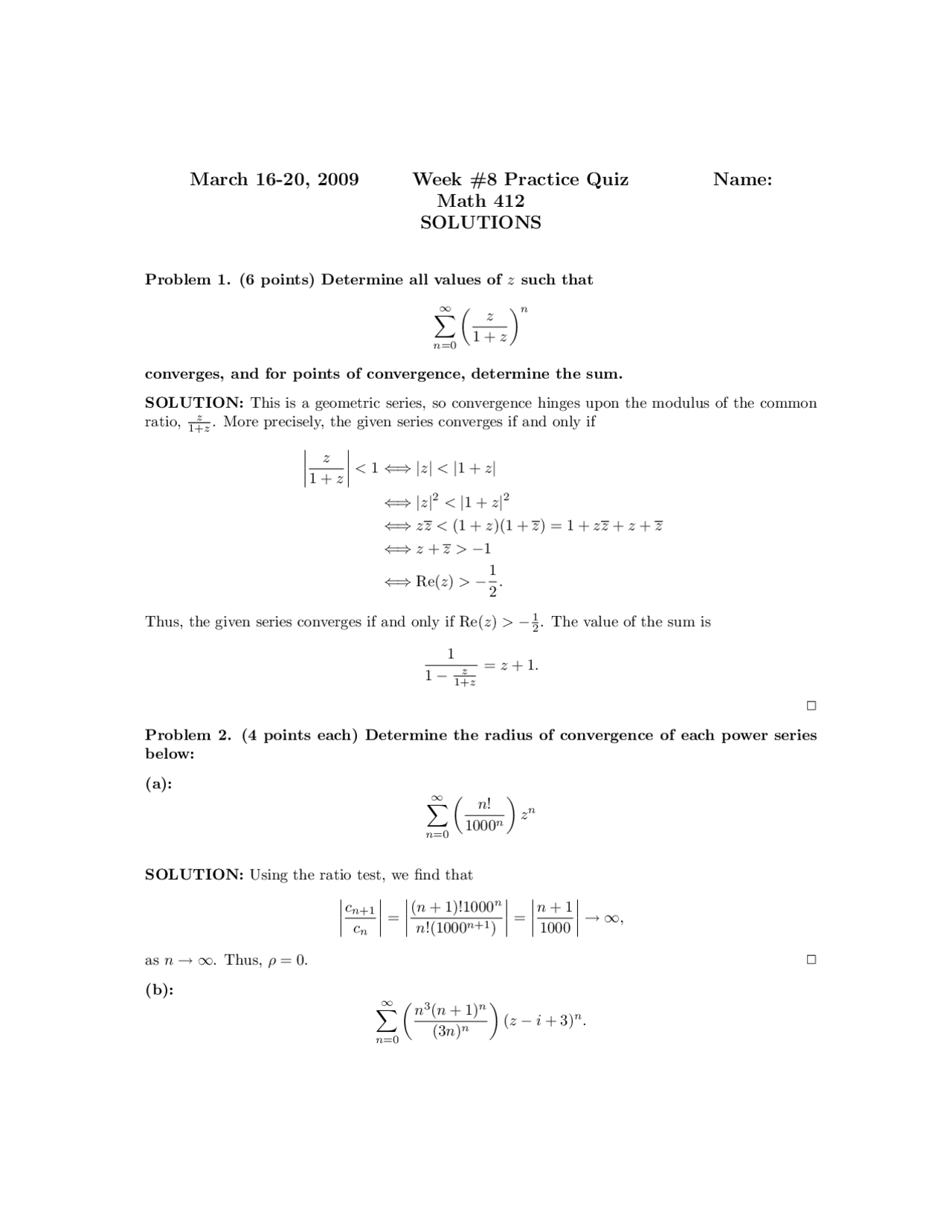 Complex Analysis - Sample Quiz Solutions | MATH 412 - Docsity