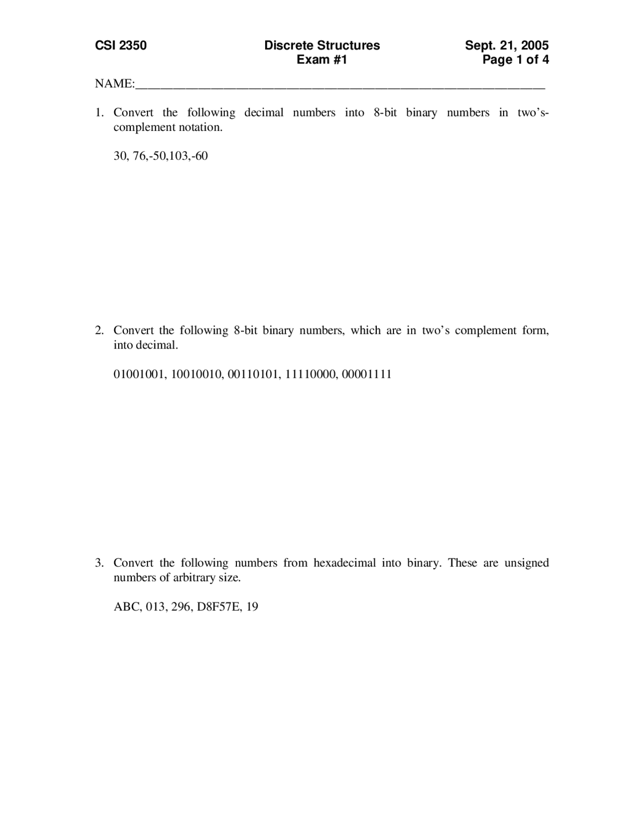 Exam 1 Question Paper Discrete Structures Csi 2350 Docsity