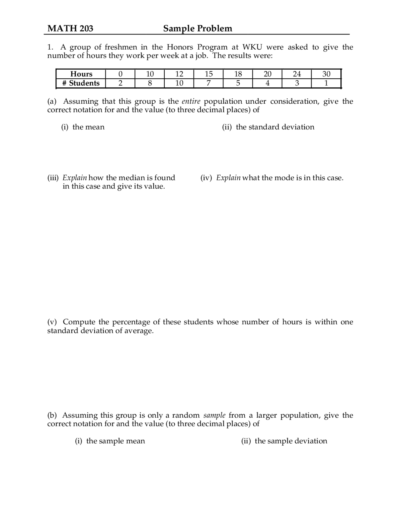 Sample Problem On Statistics Assignment Math 203 Docsity