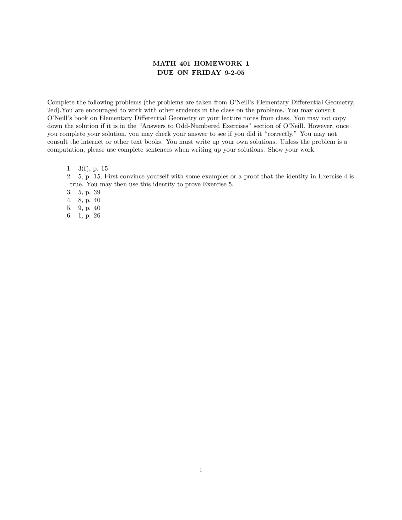 Differential Geometry Assignment 1 Math 401 Docsity
