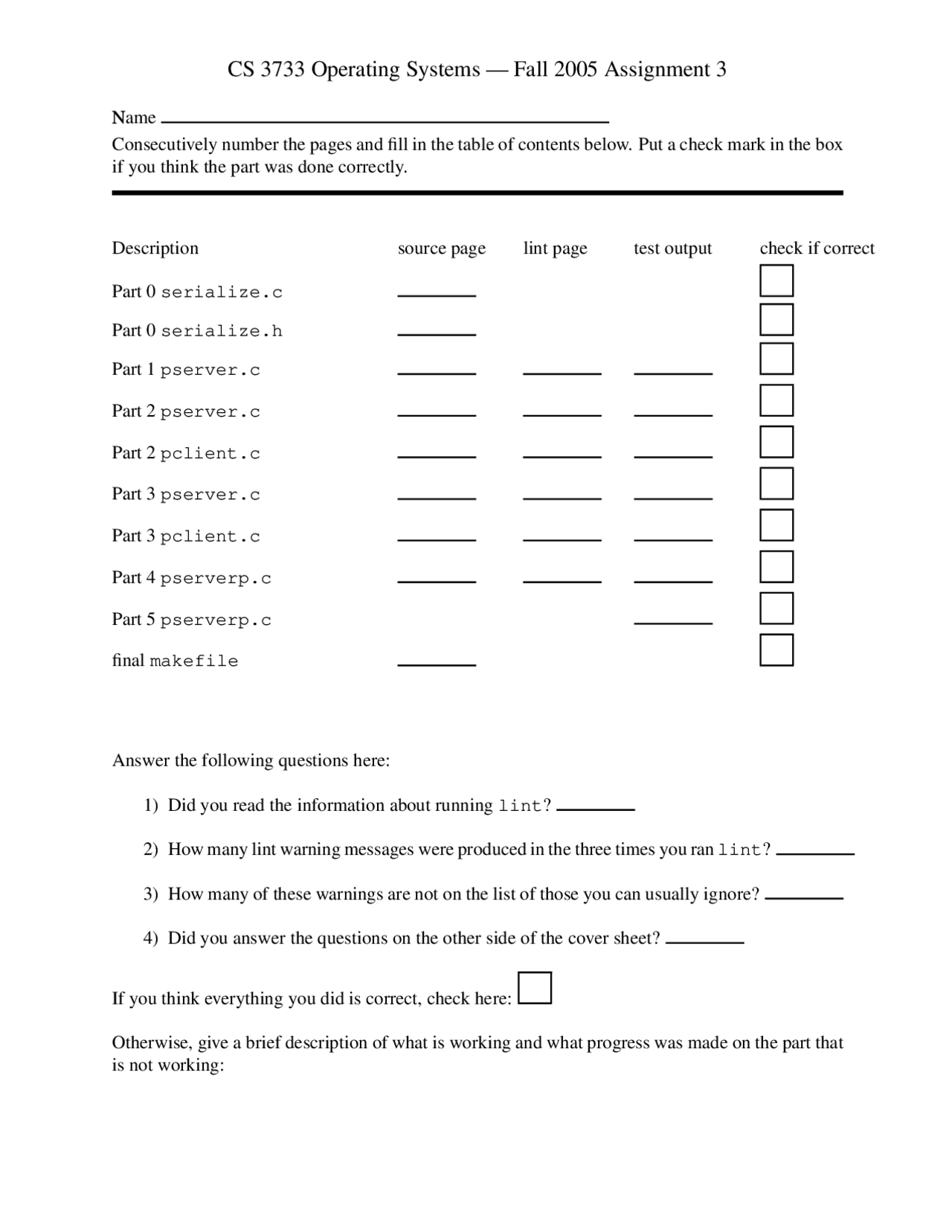 Operating Systems - Assignment 3 - fall 2005 | CS 3733 - Docsity