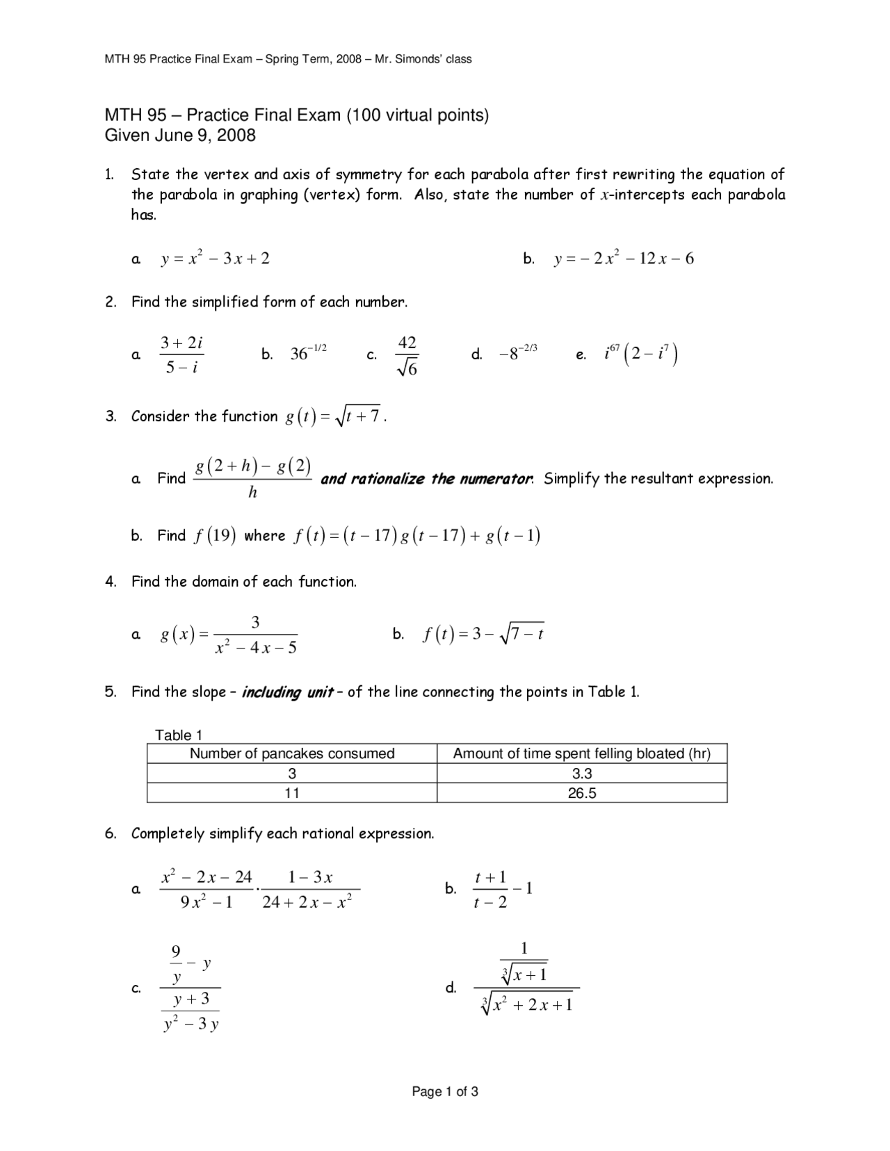 Intermediate Algebra Practice Final Exam Questions Mth 95 Docsity