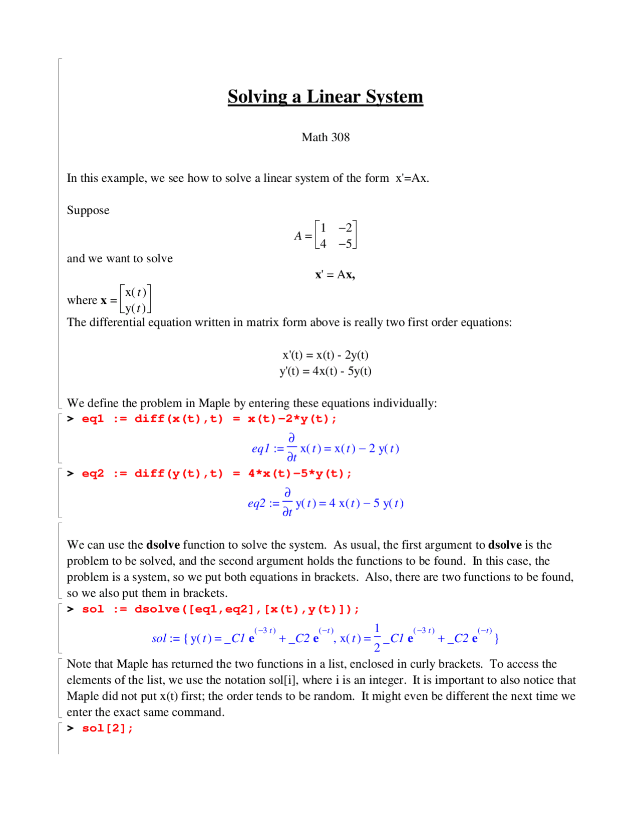 Notes On Solving Linear System Differential Equations Math 308