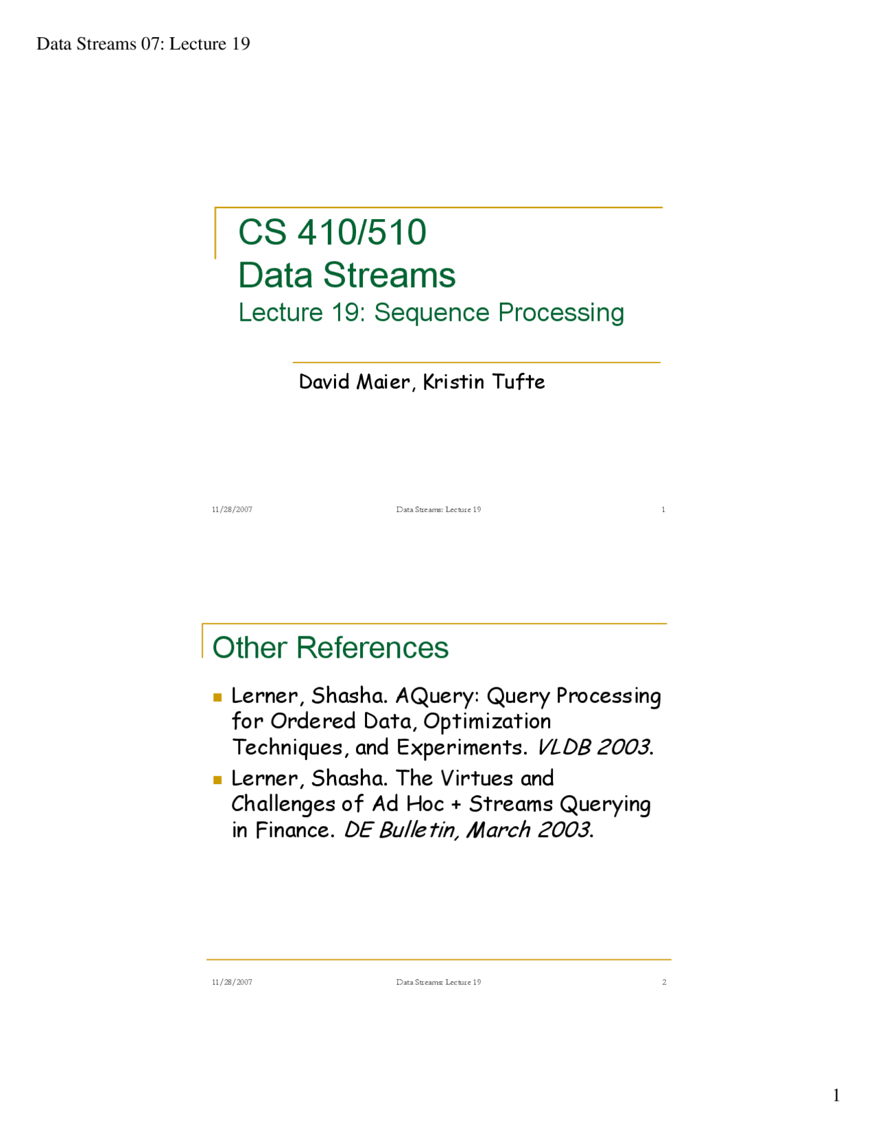 Sequence Processing Lecture Slides Data Streams Cs 410 Docsity 2749