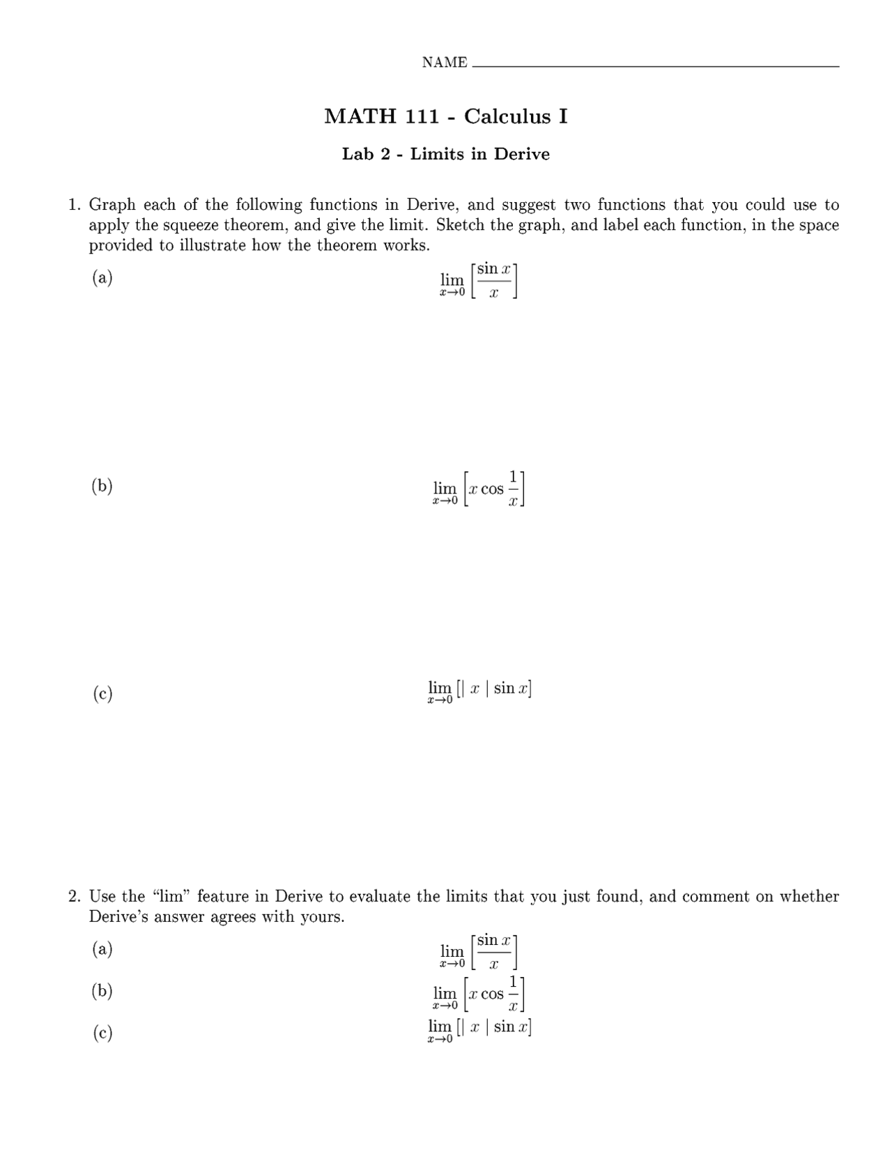 3 Questions Of Limits Calculus I Lab 2 Math 111 Docsity