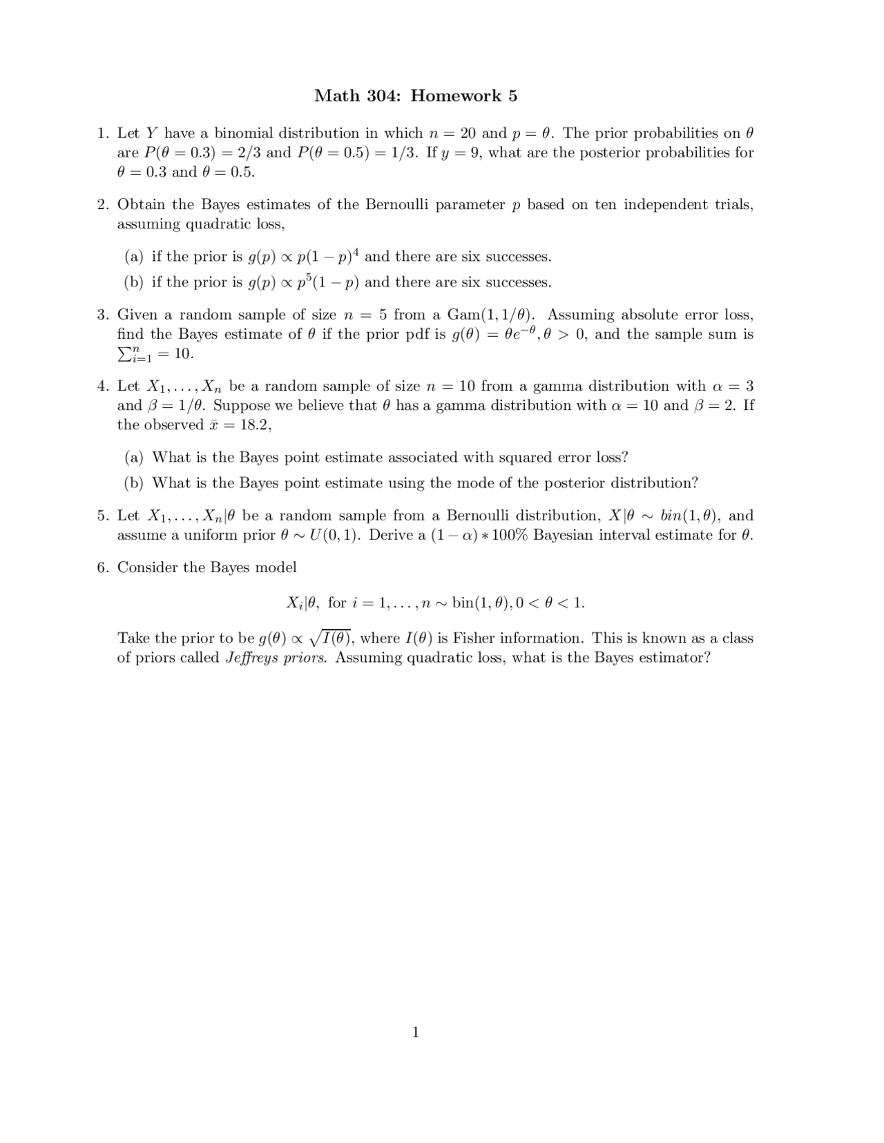 Homework 5 Mathematical Statistics Math 304 Docsity