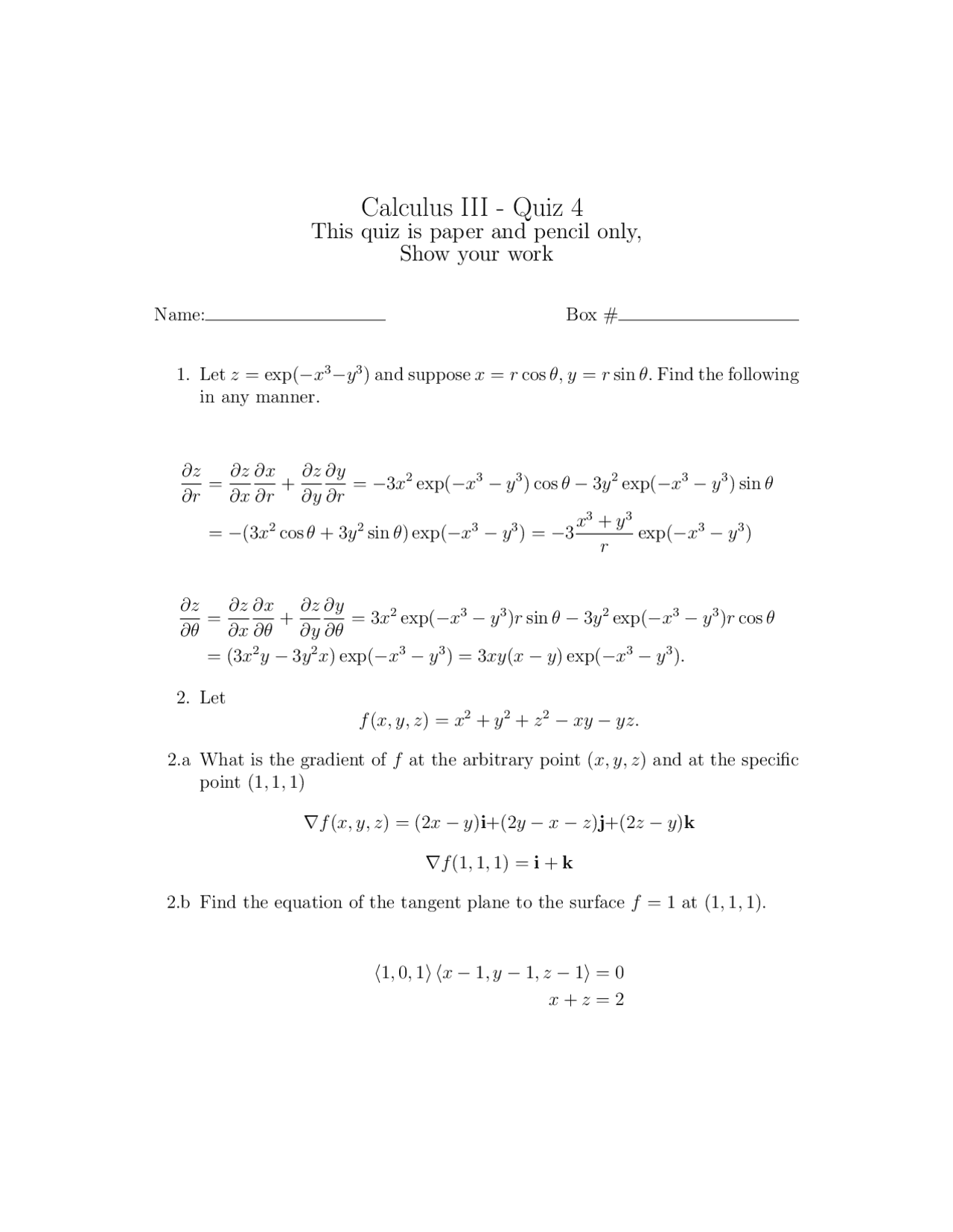 Practice Problems on Calculus III - Quiz 4 | MA 113 - Docsity
