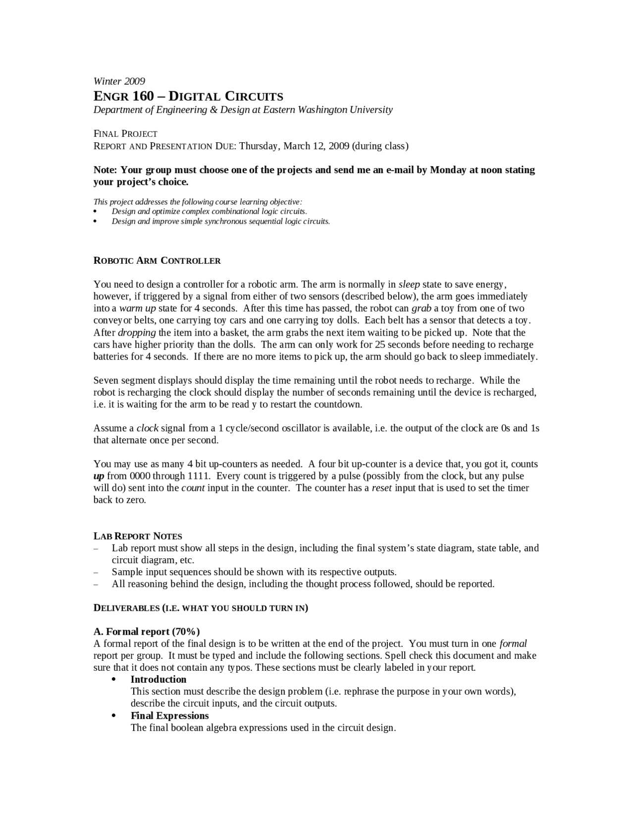Final Project Report On Robotic Arm Controller Digital Circuits