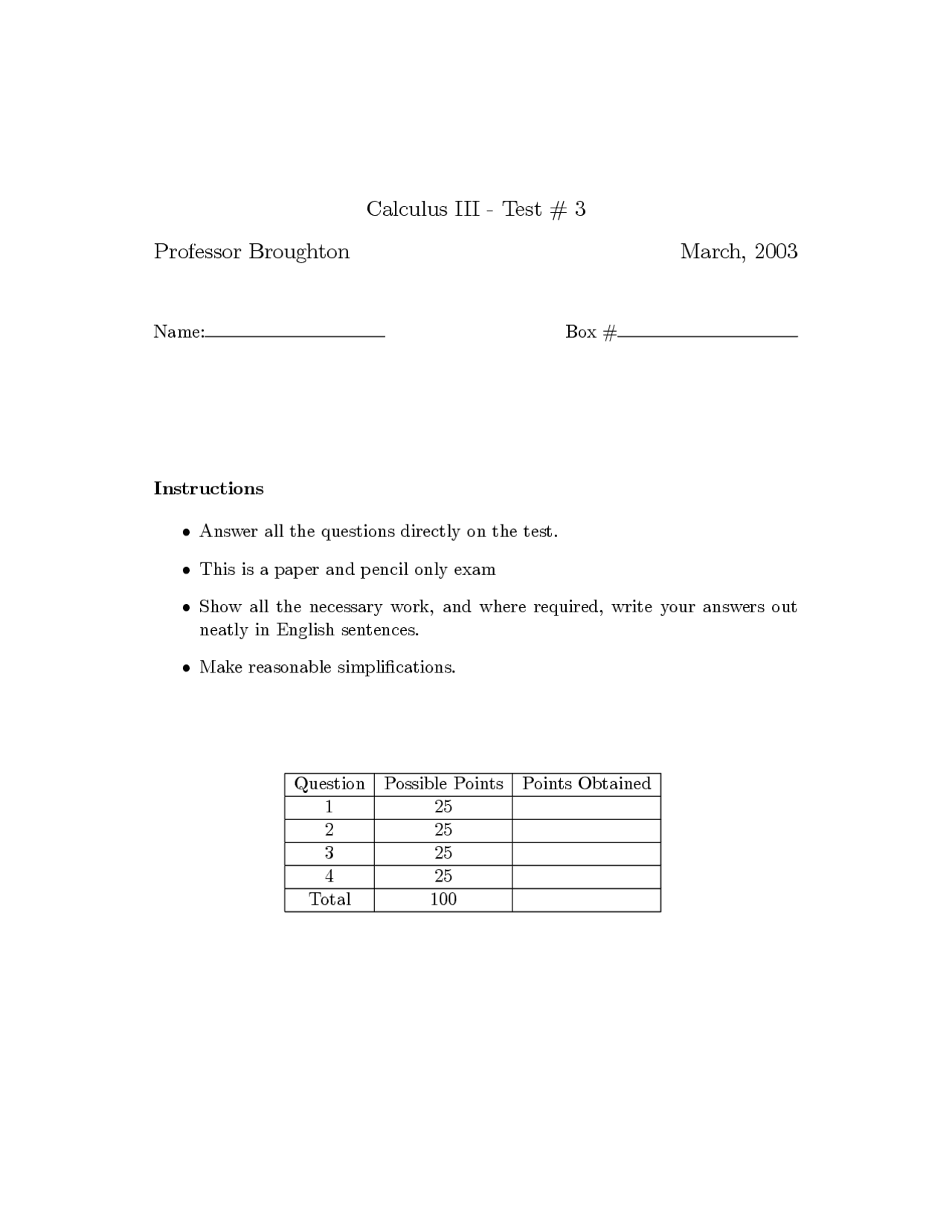 Practice Test 3 Fall 2003 Calculus Iii Ma 113 Docsity