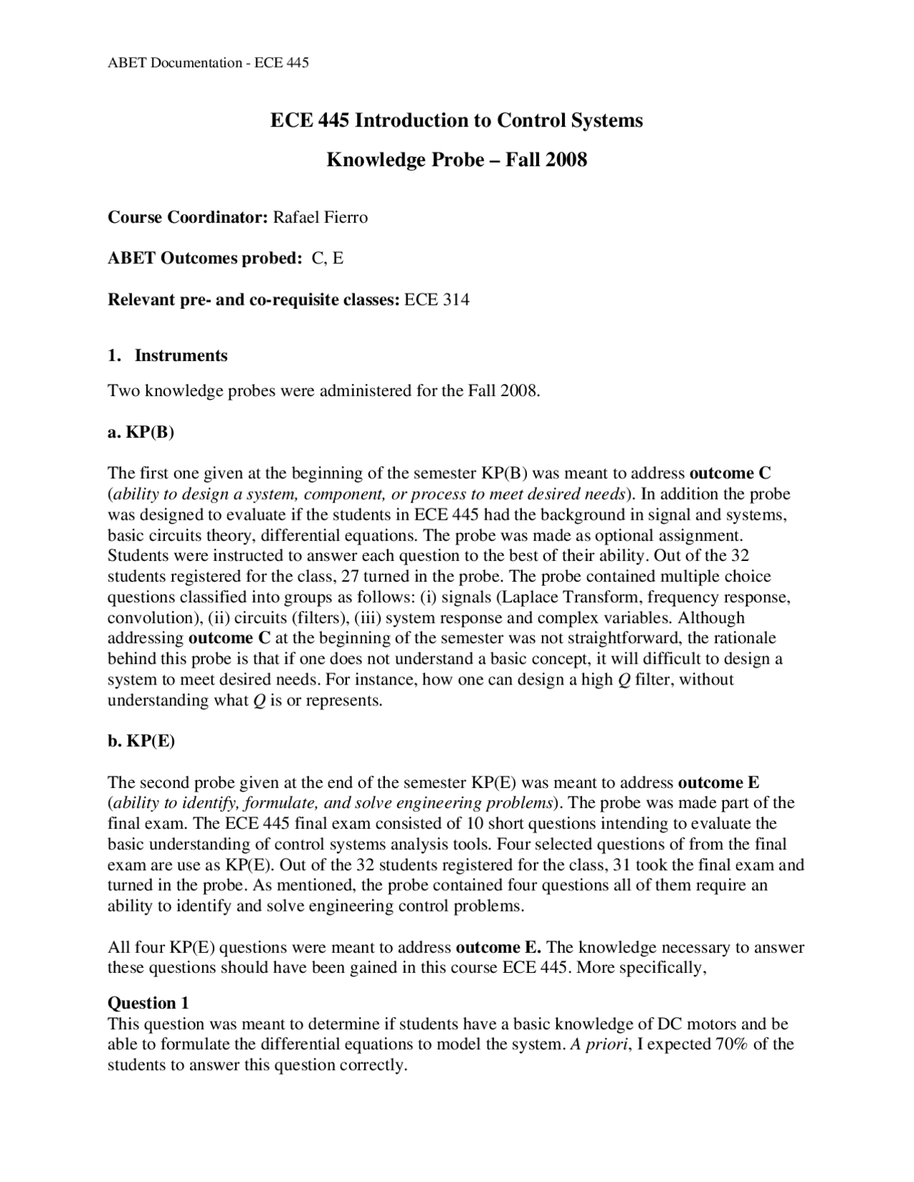 Knowledge Probe Introduction To Control Systems Fall 2008 Ece 445