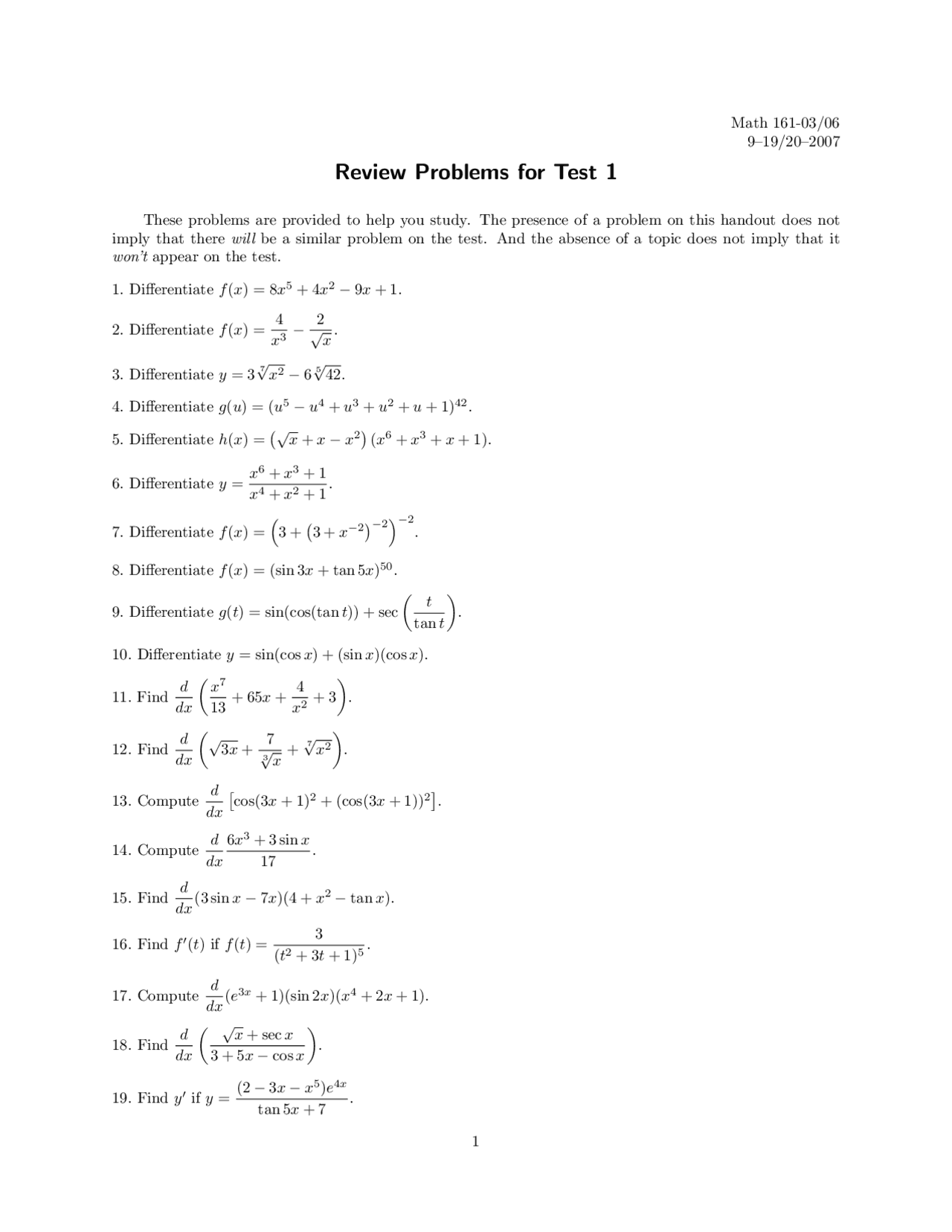 Review Problems For Test 1 Calculus I Math 161 Docsity