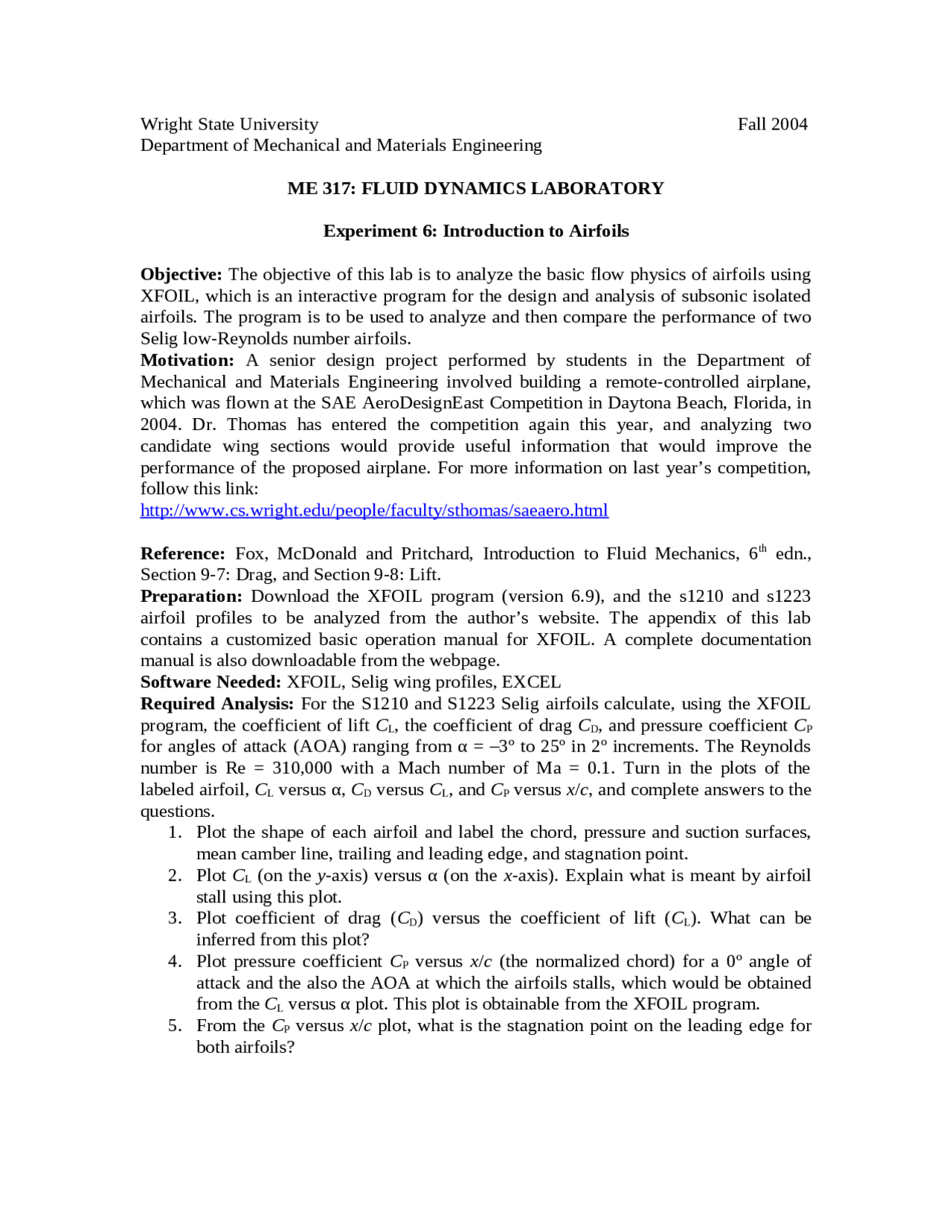 Fluid Dynamics Lab: Analyzing Airfoils using XFOIL at Wright State University | Lab Reports ...