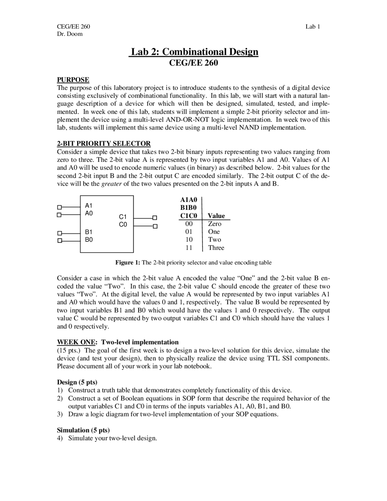 Digital Circuits Lab 2 Combinational Design Ee 260 Docsity