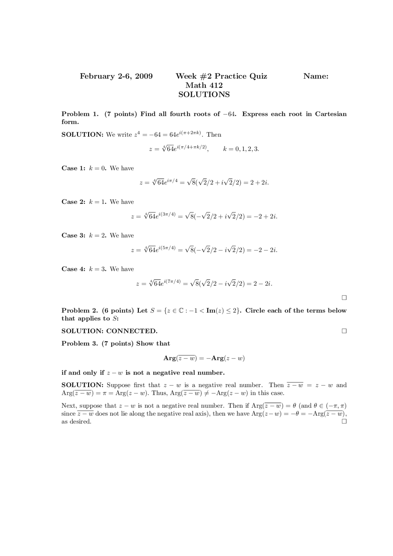 Solutions To Practice Quiz 2 For Complex Analysis Math 412 Docsity