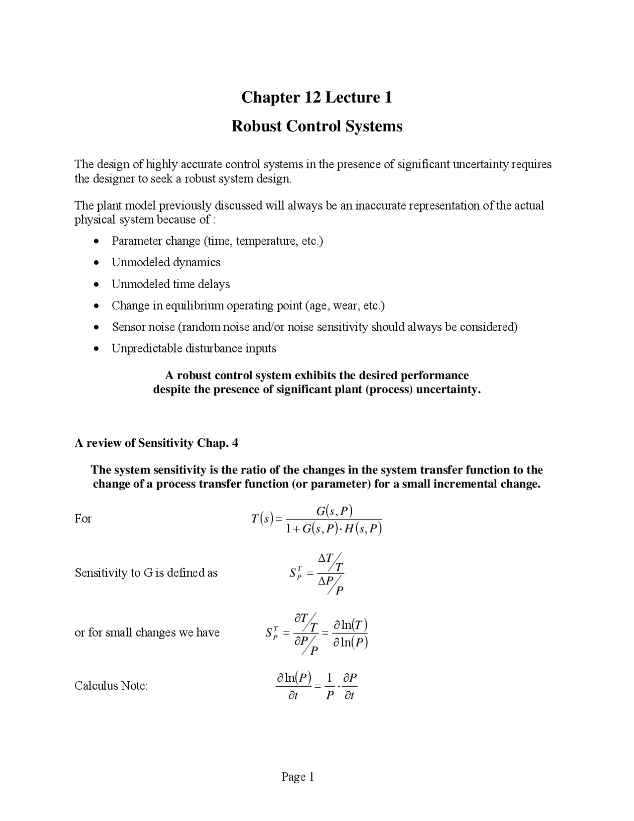 Lecture Notes on Robust Control Systems | ECE 4700 | Study notes ...