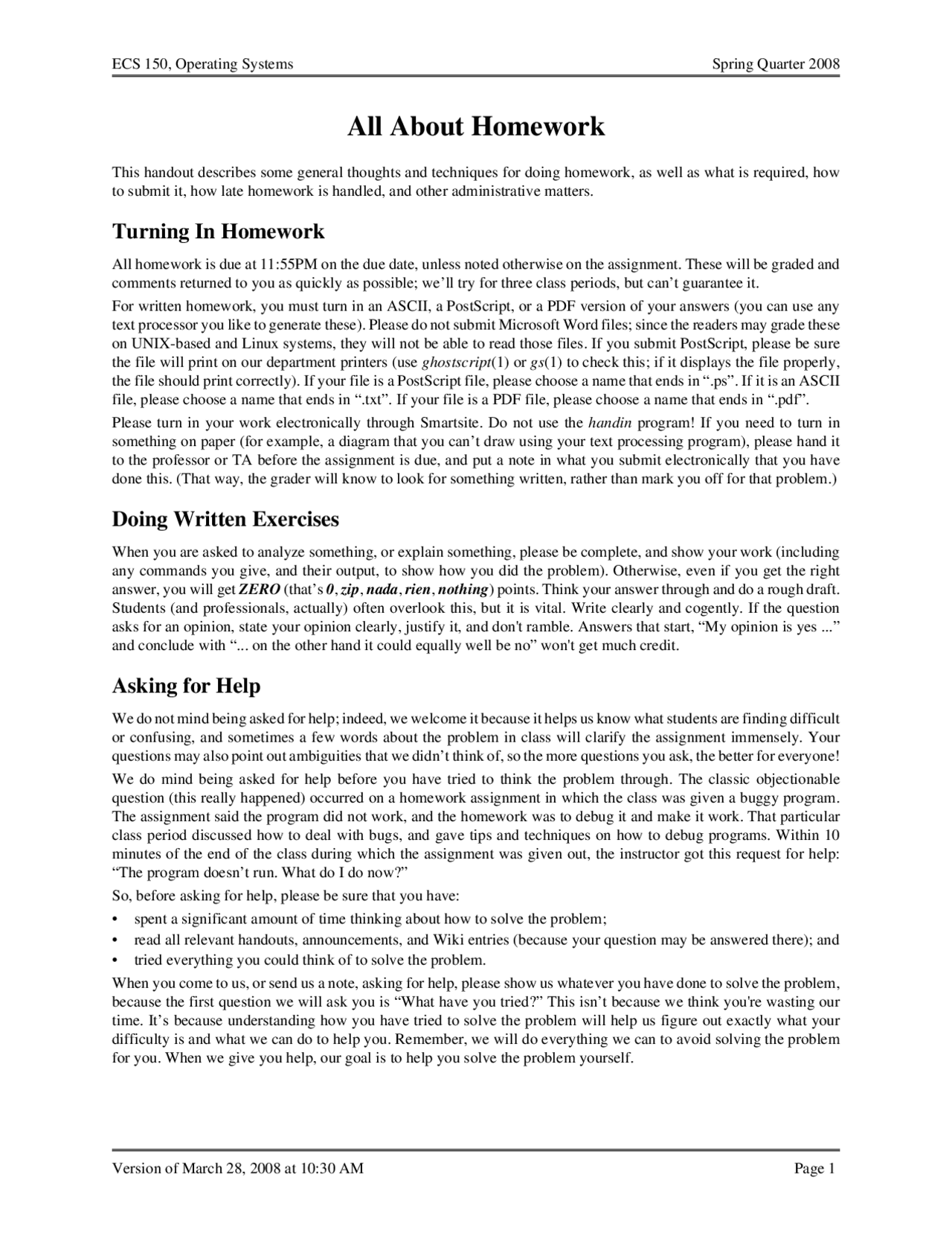Operating Systems Assignment Solutions Fall 2008 Ecs 150 Docsity