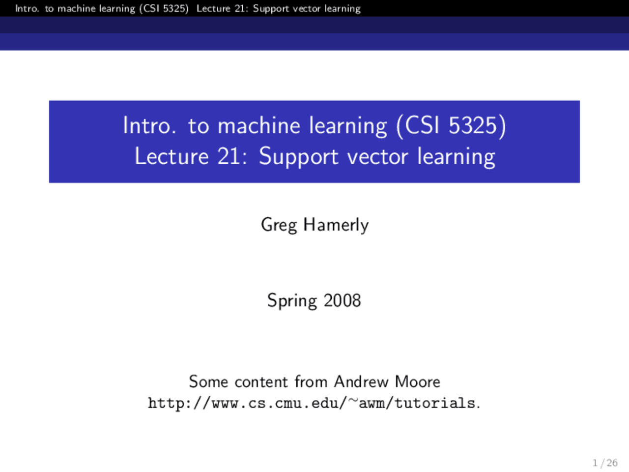Support Vector Learning Lecture Slides Csi 5325 Docsity