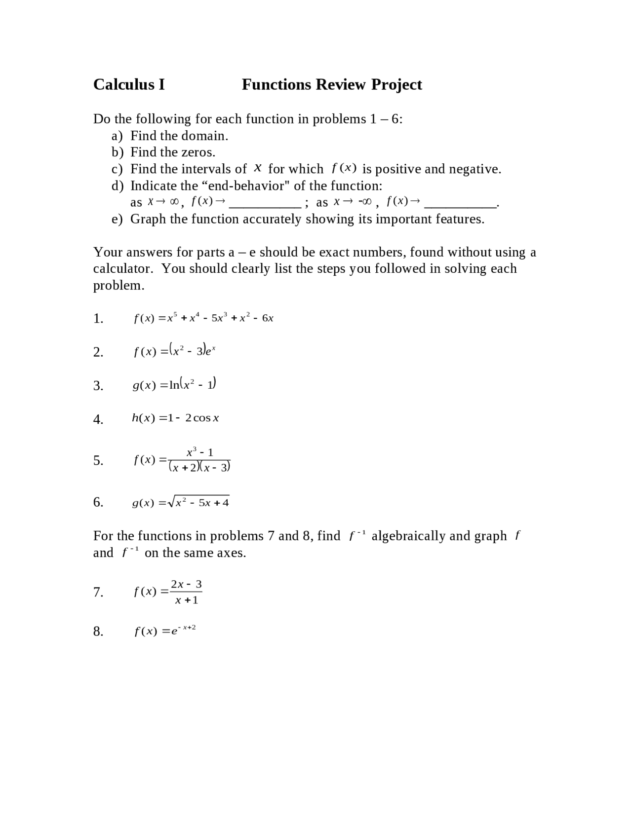 Calculus I Functions Review Project Math 1210 Docsity